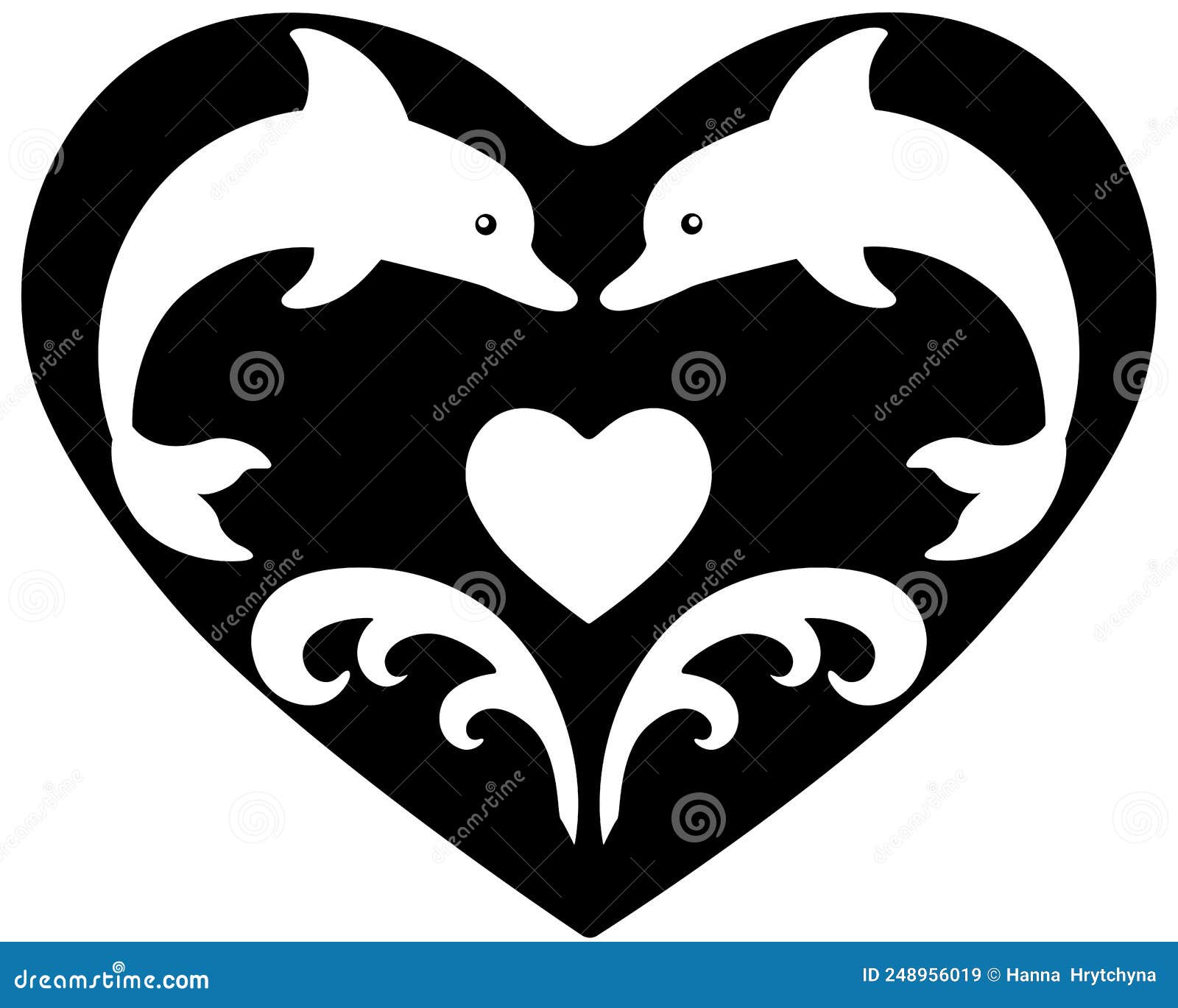 Dolphins and Sea Waves in Heart Shape - Vector Silhouette Drawing for ...