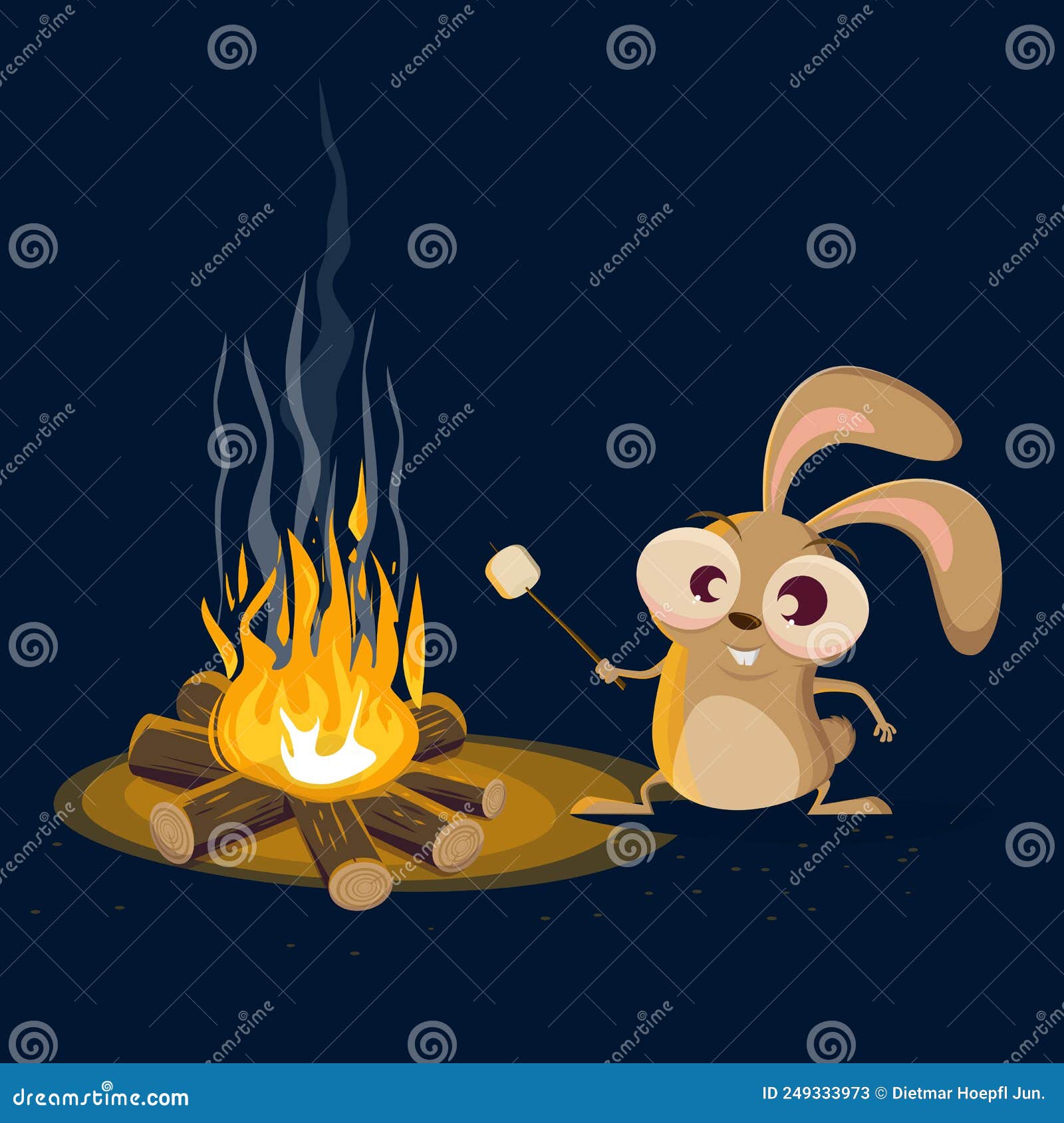 Funny Cartoon Rabbit with Campfire and Marshmallow Stock Vector ...