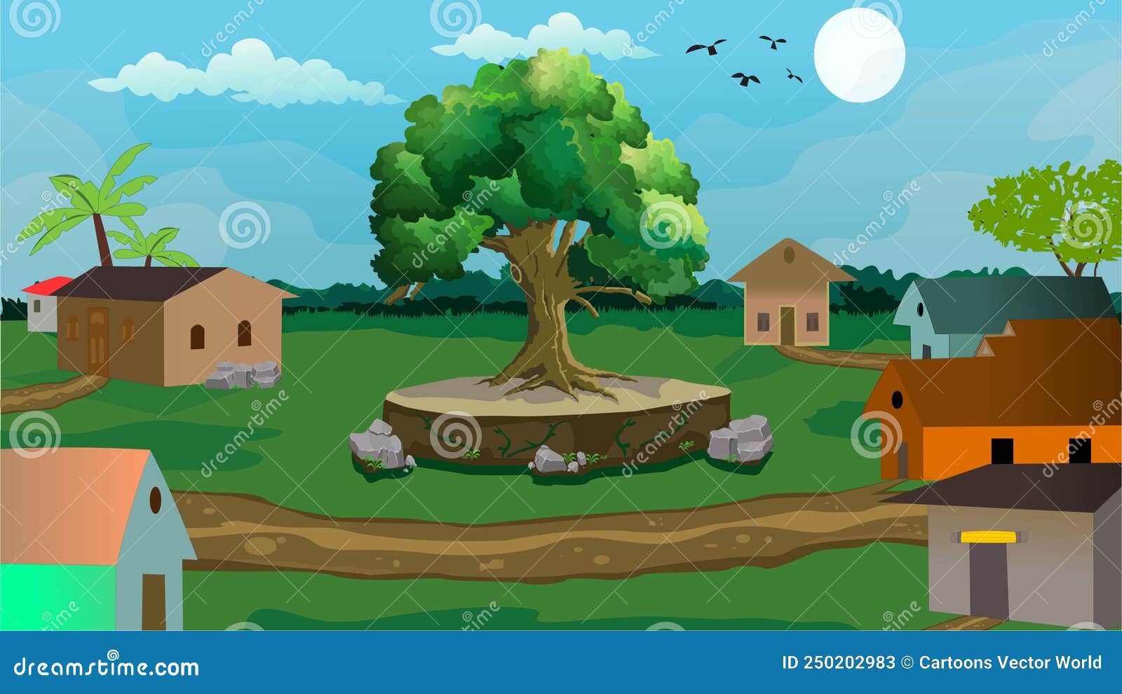 Beautiful Village Cartoon Background of Green Meadows and Surrounded by ...