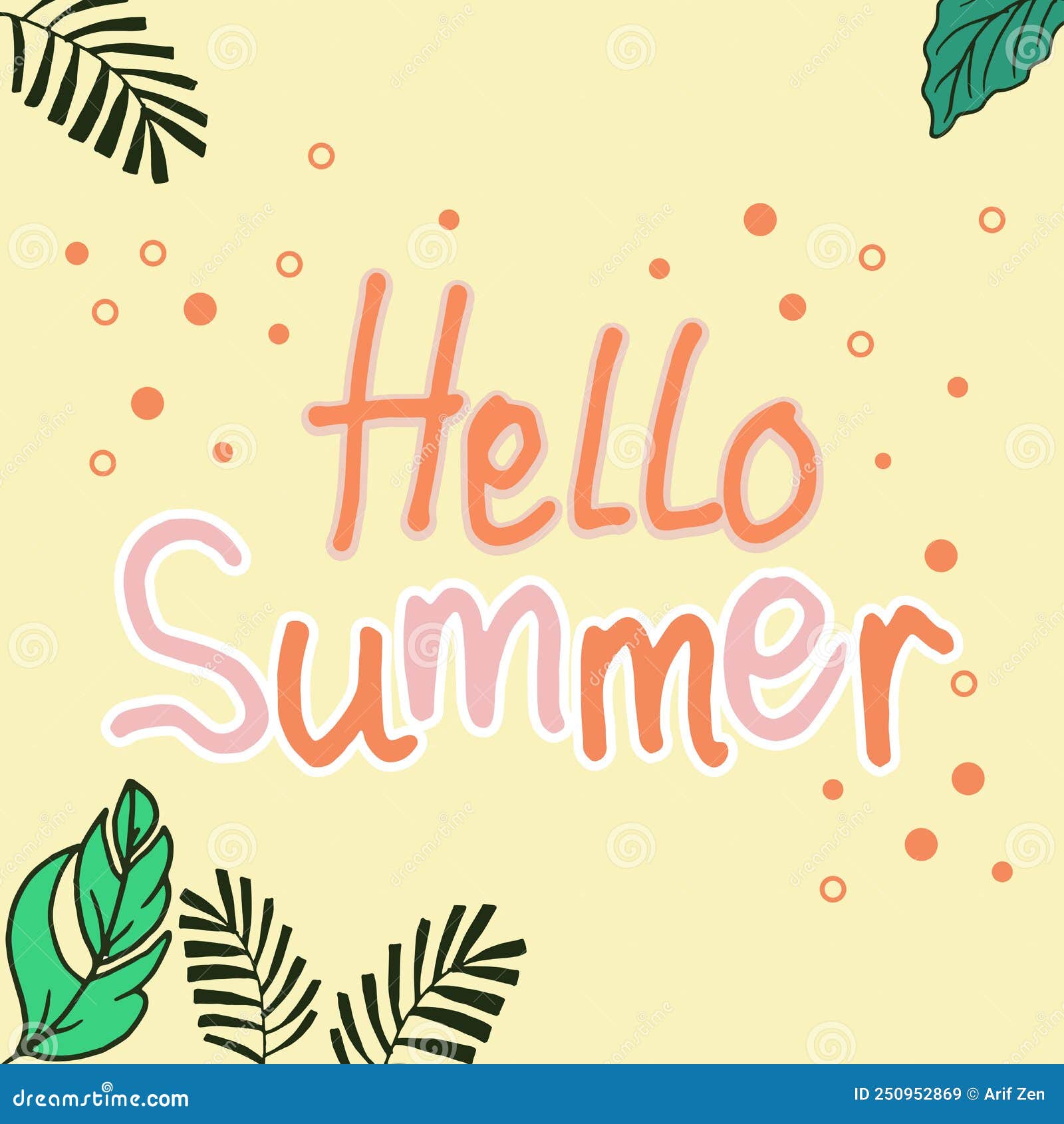 Hello Summer-hand Drawn Lettering with Green Leaves Illustration. Hand ...