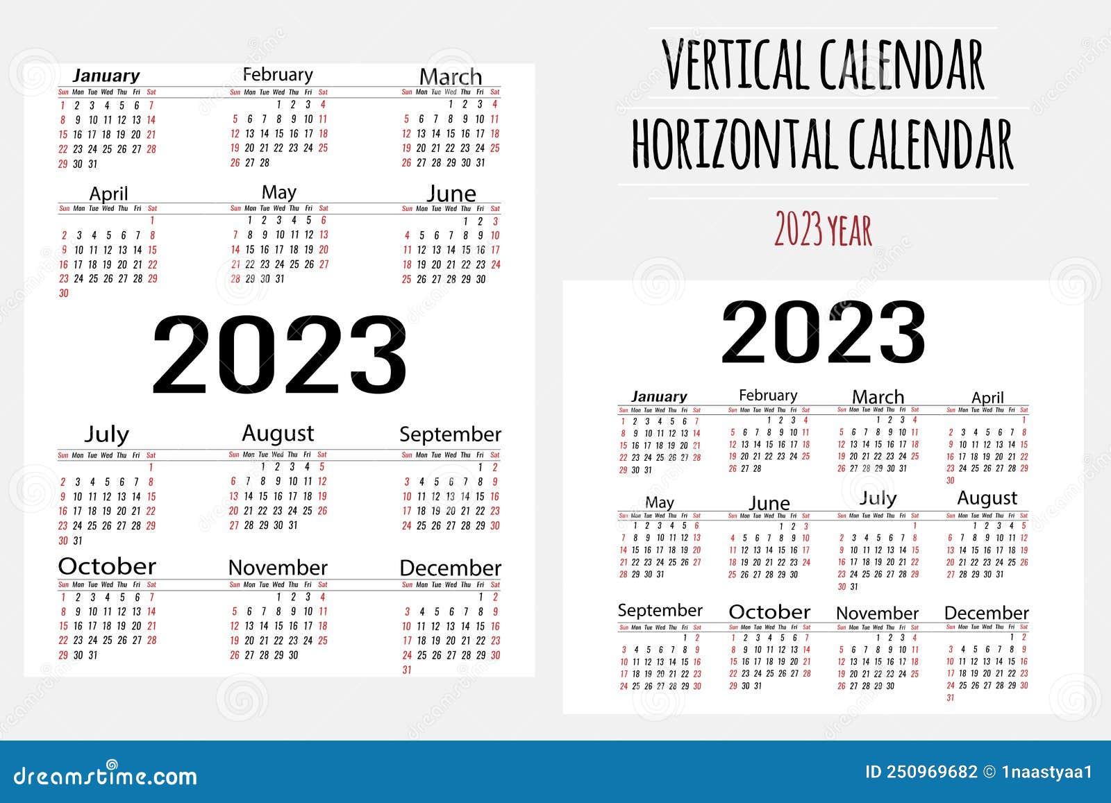 Vertical and Horizontal Simple Calendar for 2023. 2023 Calendar Layout ...