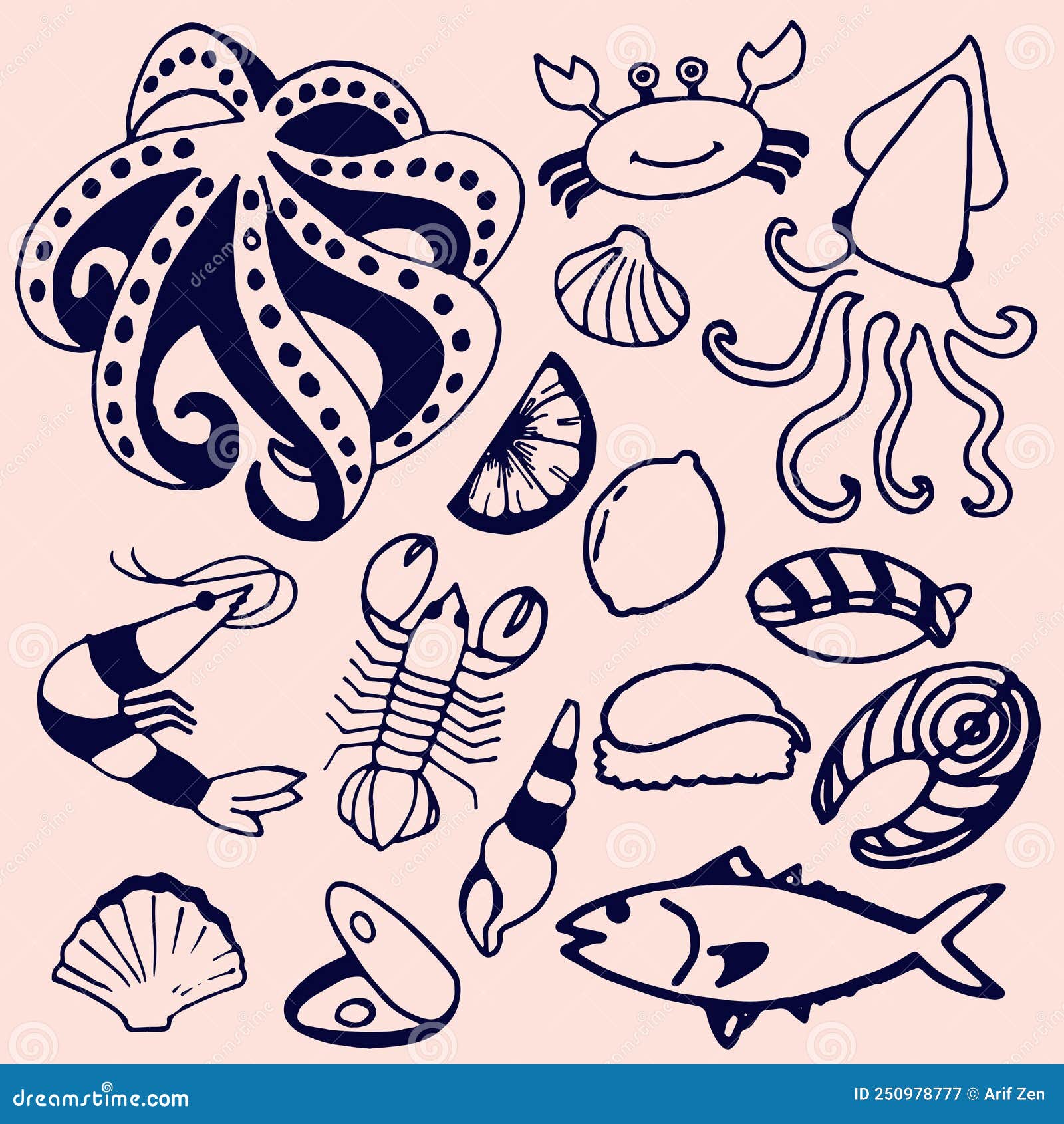 Set of Seafood Icon. Cute Octopus, Seashell, Crab, Lobster, Shrimp ...