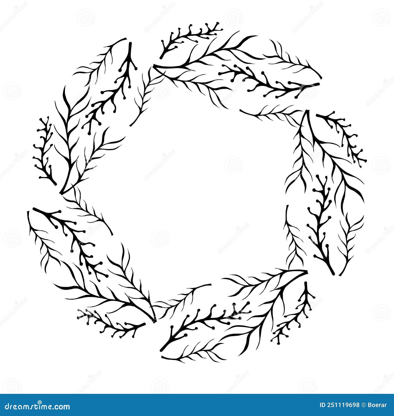 Hand Drawn Vector Black Floral Rustic Circle Wreaths with Plant Leaves ...