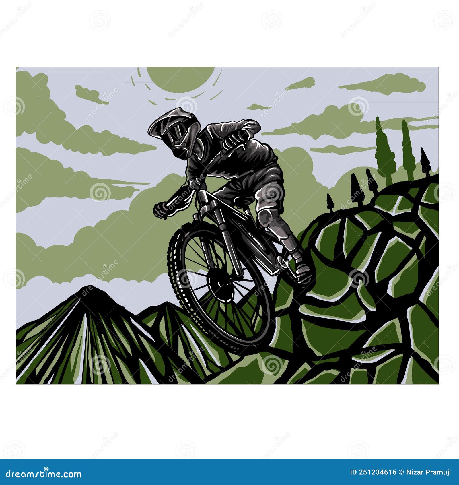 Extreme Mountain Bike Cartoon Concepts. Helmet Bicycle Rider Sliding Cliff Descending, Red Bull ...