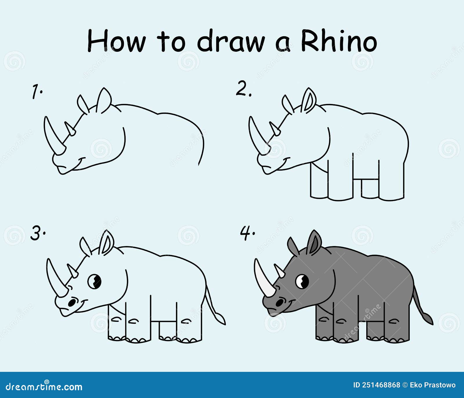 Step by Step To Draw a Rhino. Drawing Tutorial a Rhino. Drawing Lesson ...