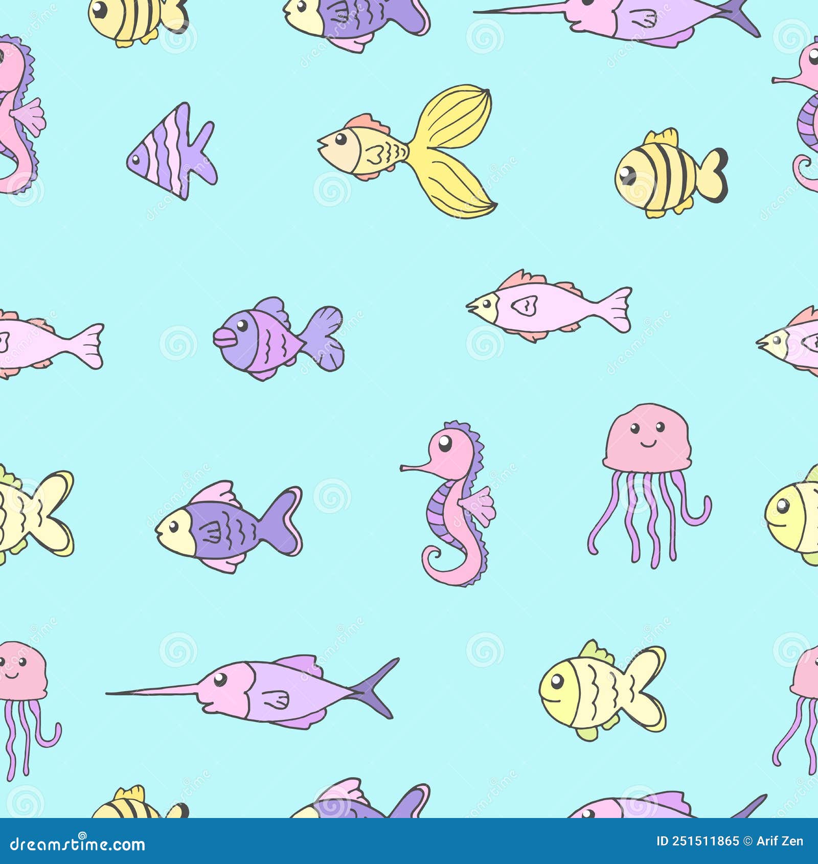 Collection of Sea Animal Illustration on Blue Background. Cute Marine ...