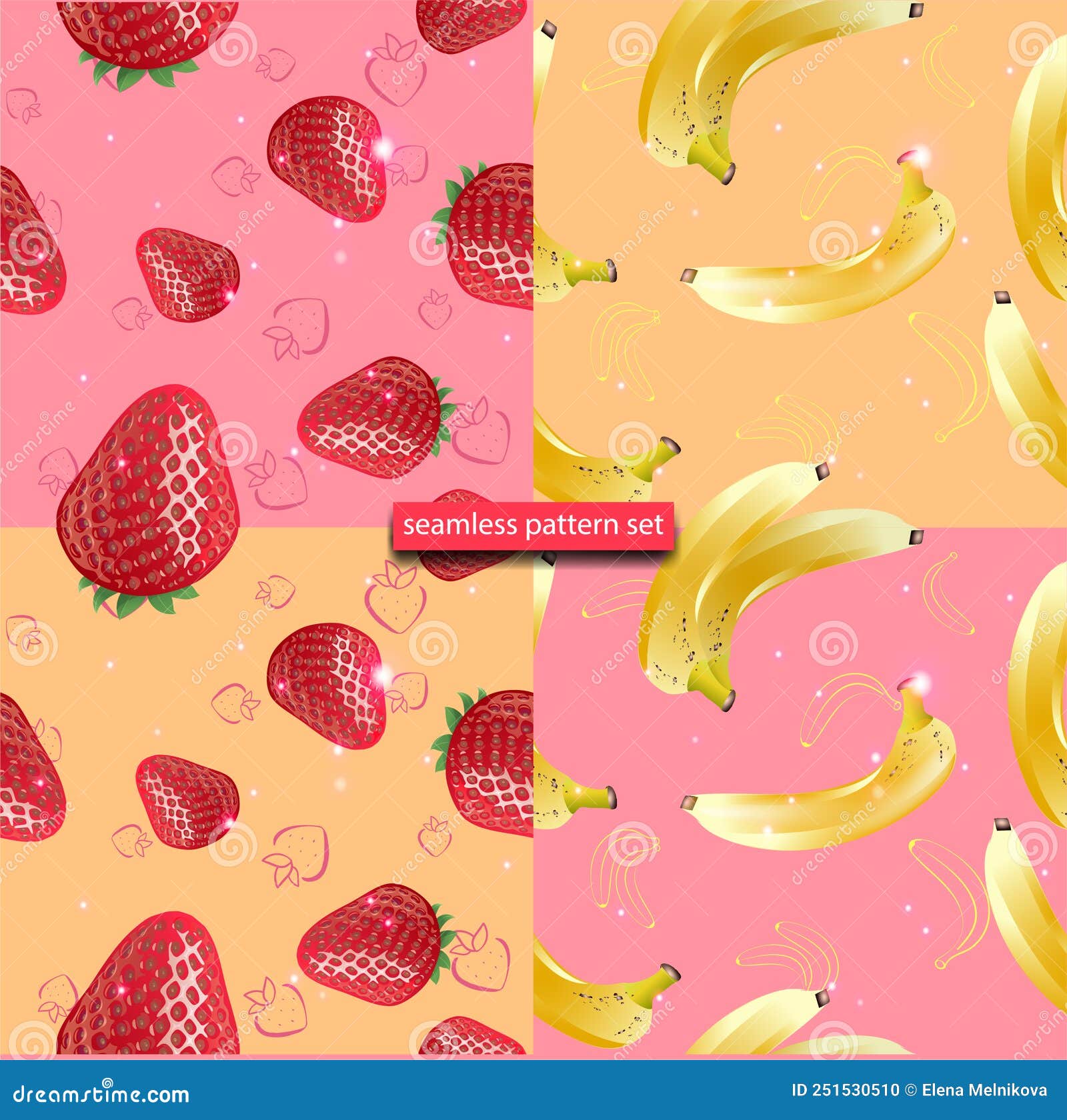 Set of Seamless Fruit Patterns with Bananas and Strawberries Stock ...