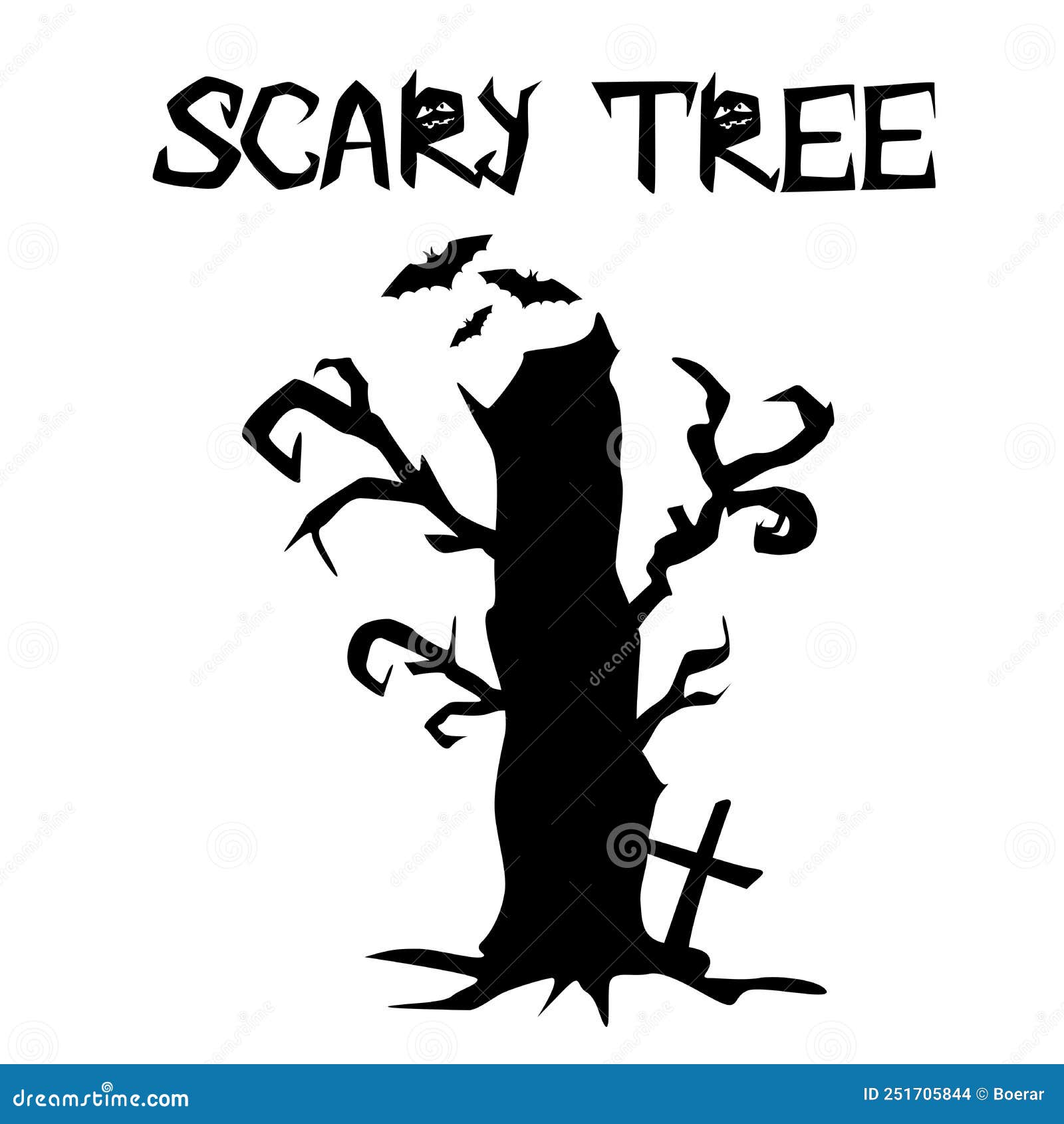 Black and White Scary Tree with Branches, Cross and Bats for Halloween ...