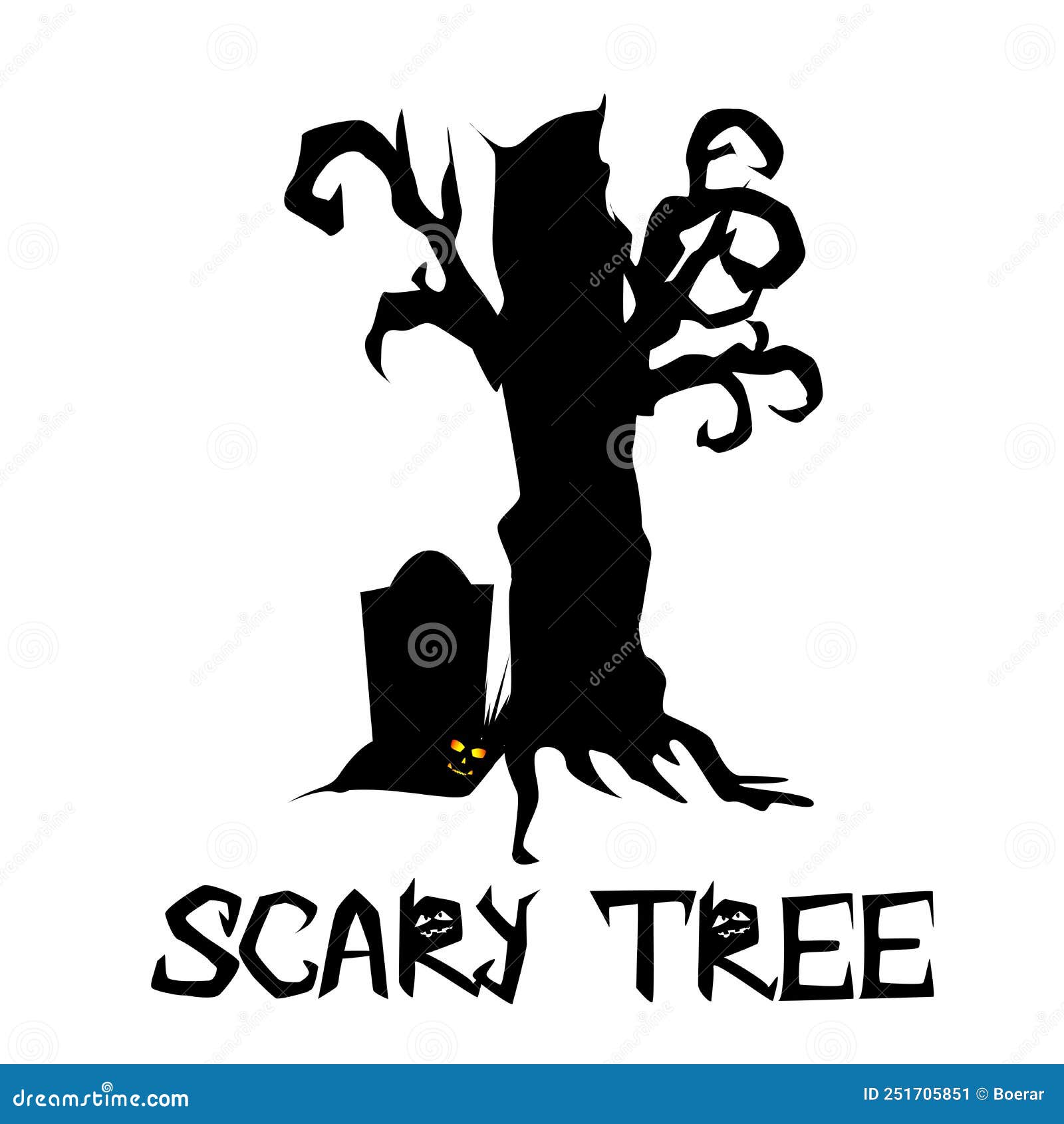 Black and White Scary Tree with Branches, Grave and Ghost Face for ...