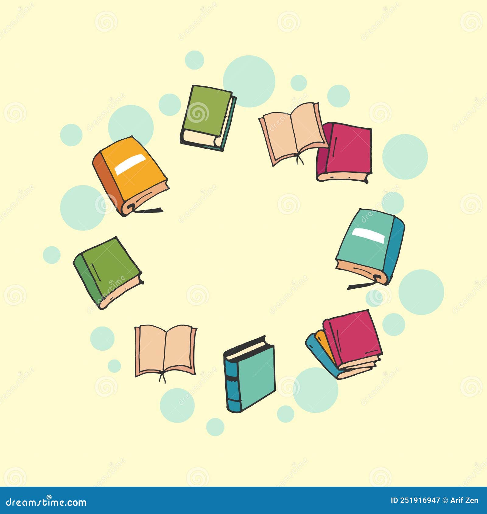 Circle Of Books. Set Of Colorful Books Illustration. Hand Drawn Vector ...