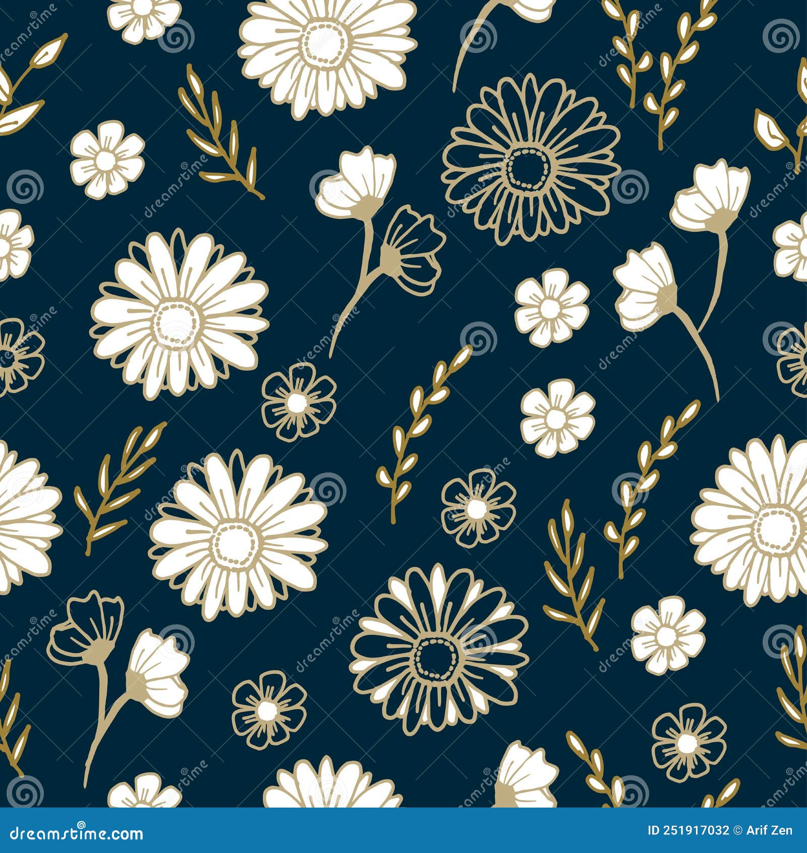 Flower Batik In Gold Background Seamless Damask Batik Pattern Stock ...