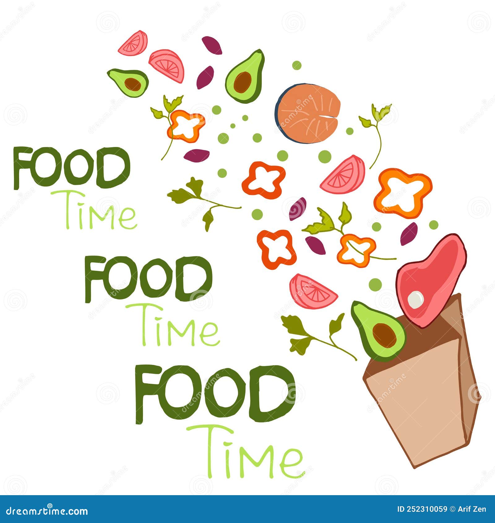 Food Time-hand Drawn Lettering with Paper Bag, Celery, Tomato, Salmon ...