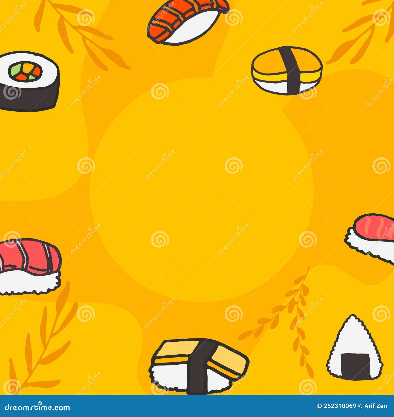 Sushi Frame, Border. Set of Sushi with Leaf Illustration on Orange ...