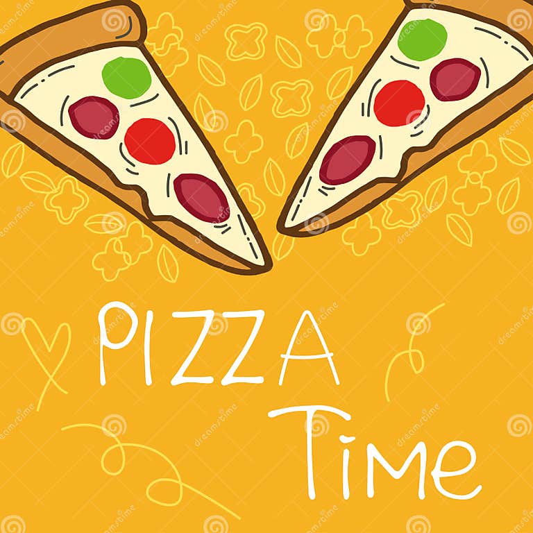 Pizza Time-hand Drawn Lettering with Two Pizza Slices, Paprika and ...