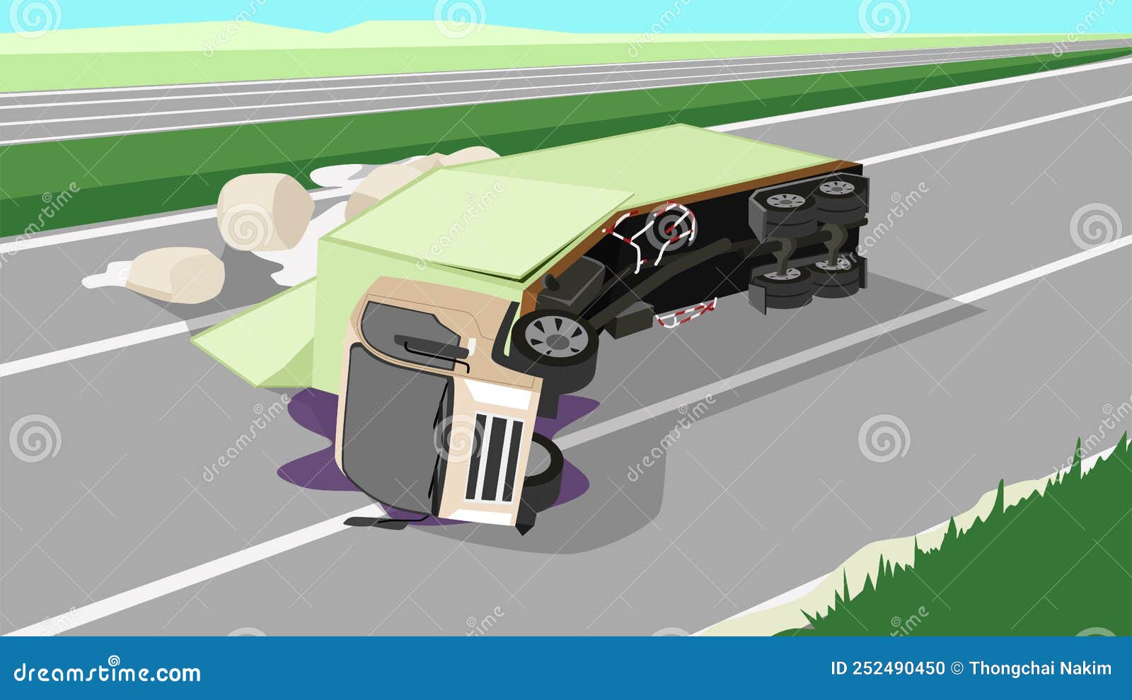 Accident Of Container Truck Crashes On The Road And Chemicals Have ...