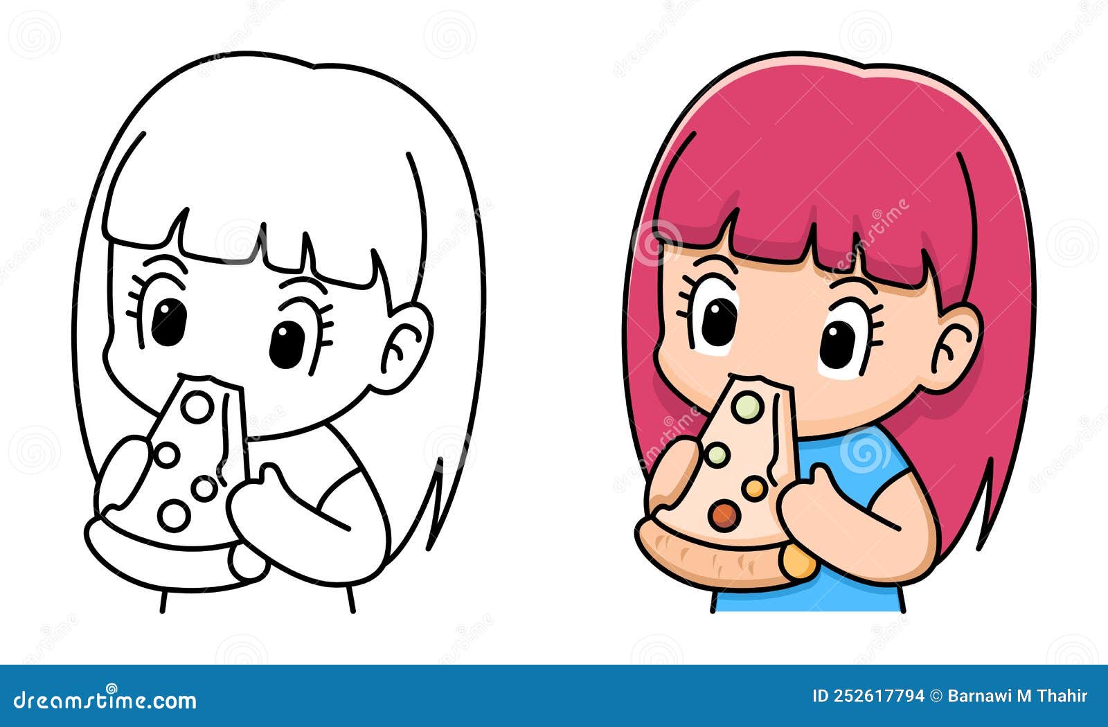 Cute Girl Eating Pizza Coloring Page for Kids Stock Vector ...