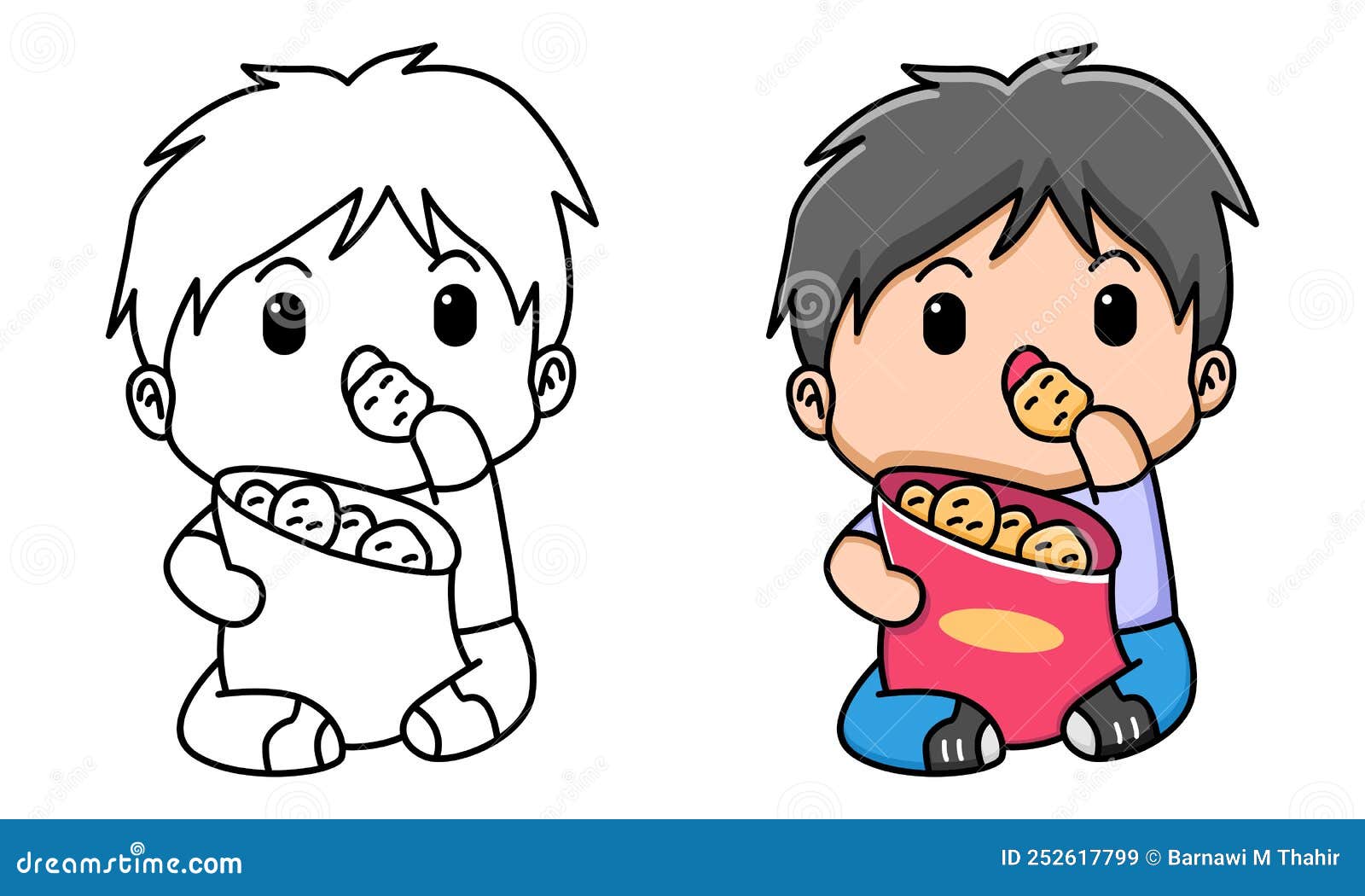 Cute Boy Eating Snack Coloring Page For Kids Cartoon Vector ...