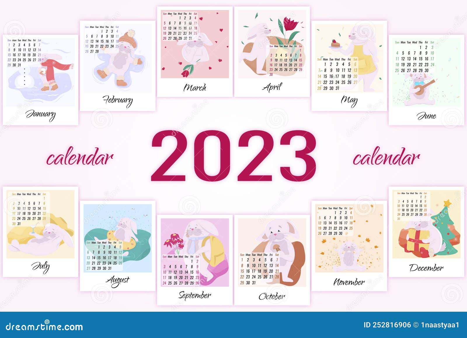 Square Calendars with Illustrations of Rabbits for Each Month of the ...