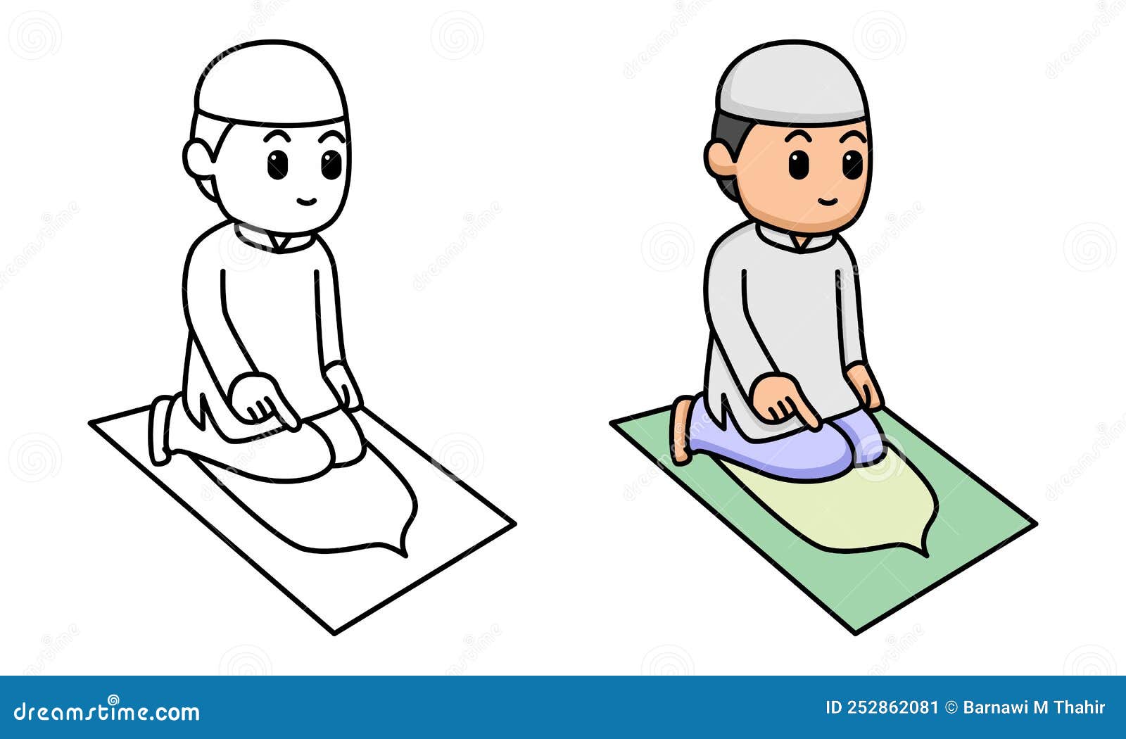 Cute Moslem Boy Praying Coloring Page For Kids Vector Illustration ...