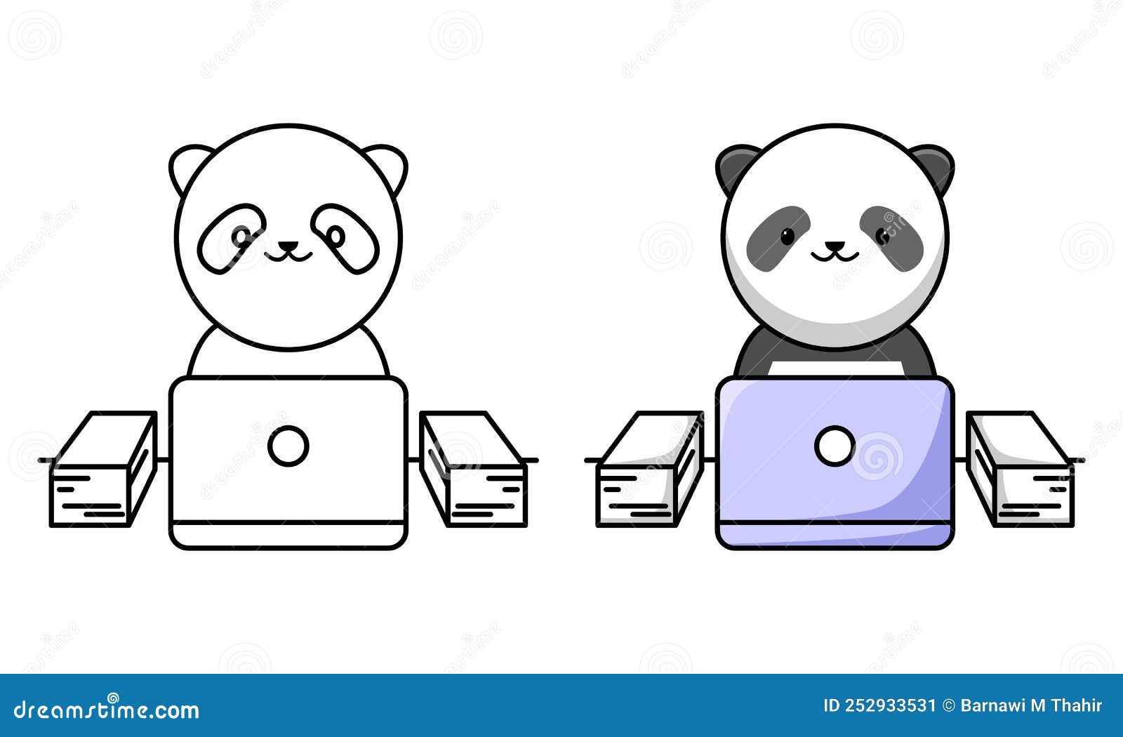 Cute Panda Working With Laptop Coloring Page For Kids Cartoon Vector ...