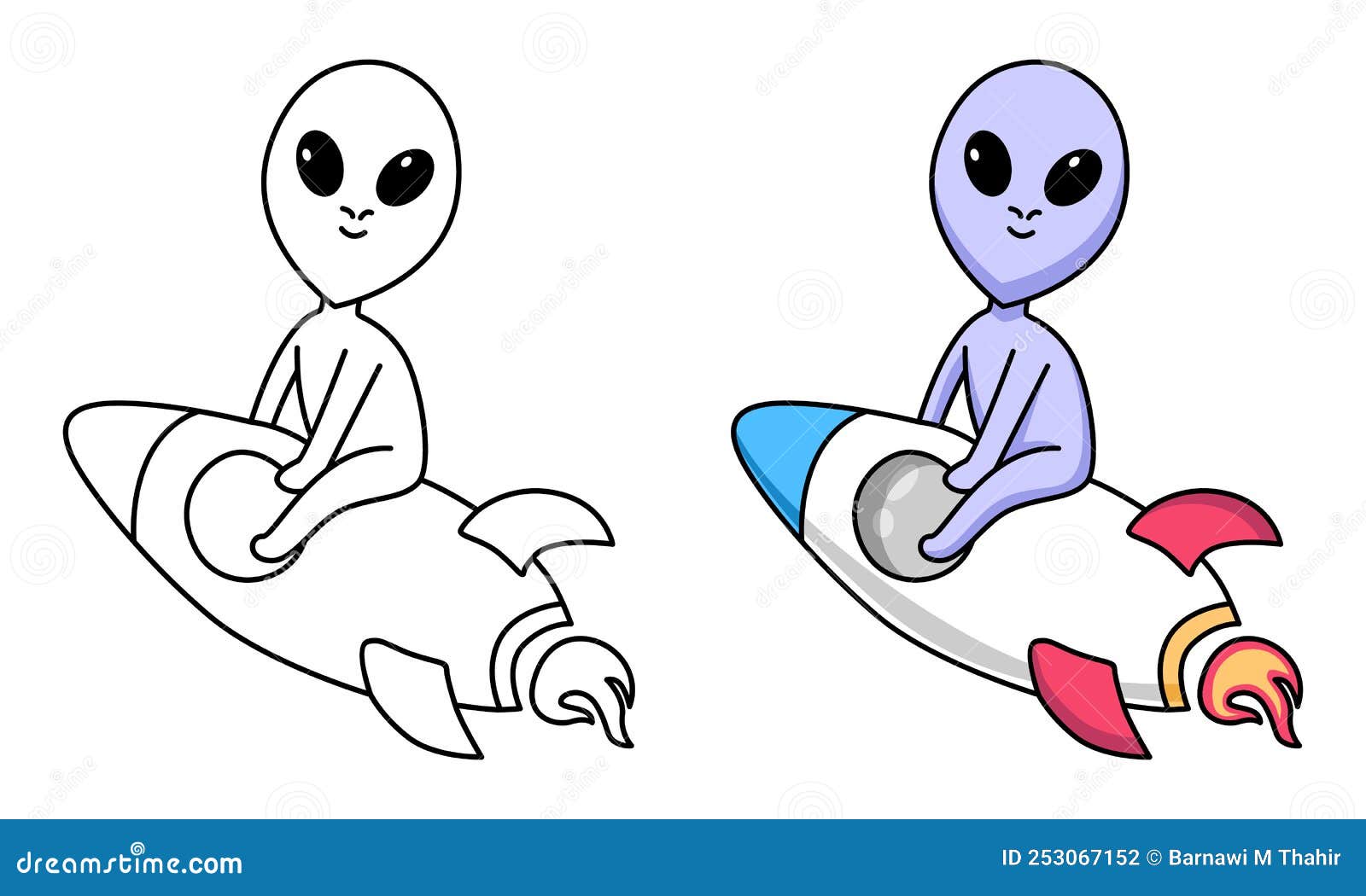 Cute Alien Sitting On Spaceship Coloring Page For Kids Vector ...