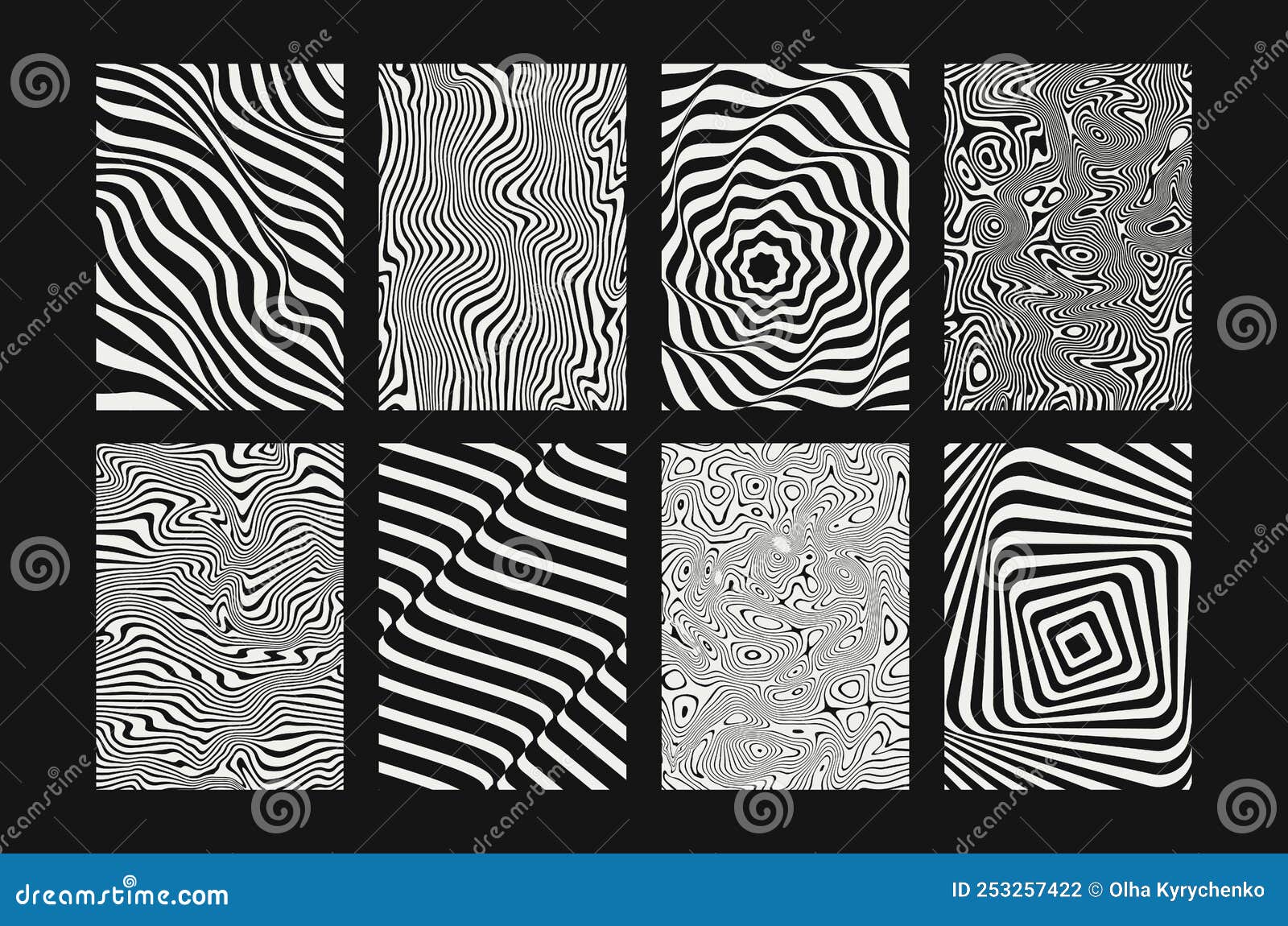 Set of Liquify Lines Effect Black and White Templates. Optical Illusion ...