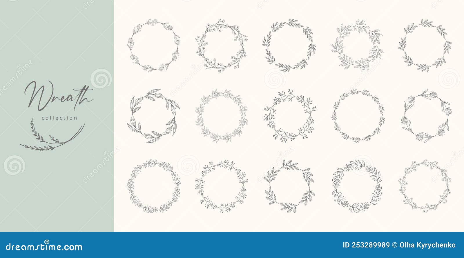 Floral Wreaths. Hand Drawn Line Branches, Leaves, Flowers, Wedding Herb ...