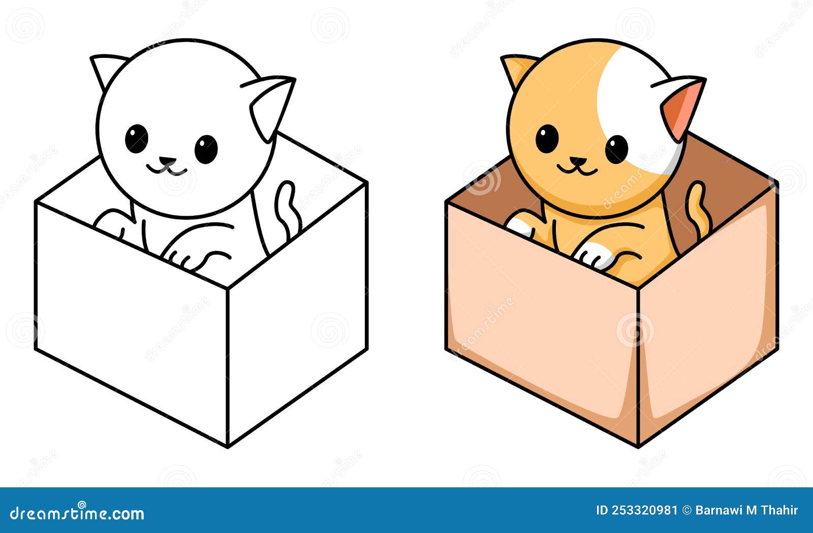 Cute Cat in Box Coloring Page for Kids Stock Vector - Illustration of ...