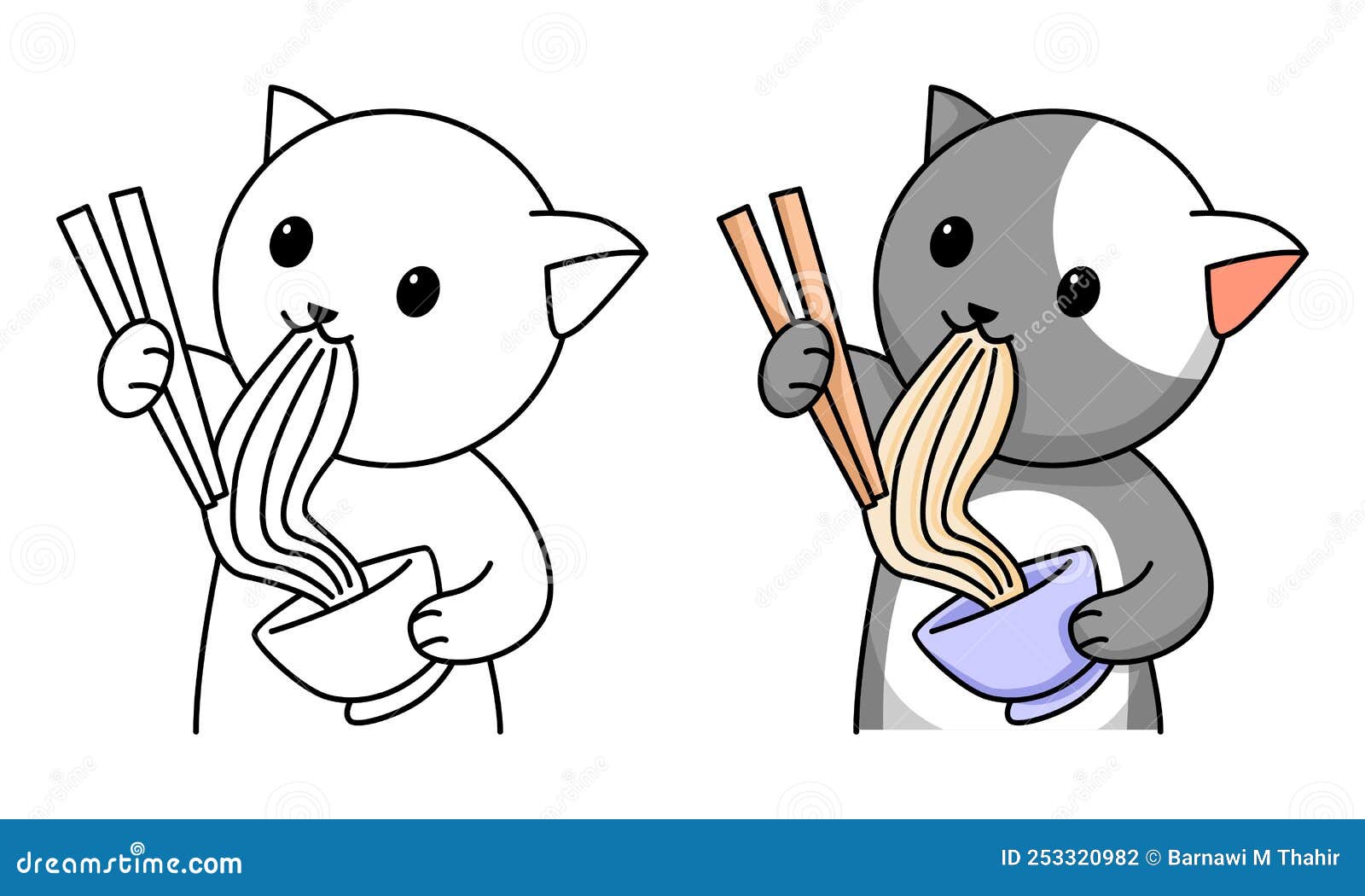 Cute Cat Eating Noodle Coloring Page for Kid Stock Vector ...