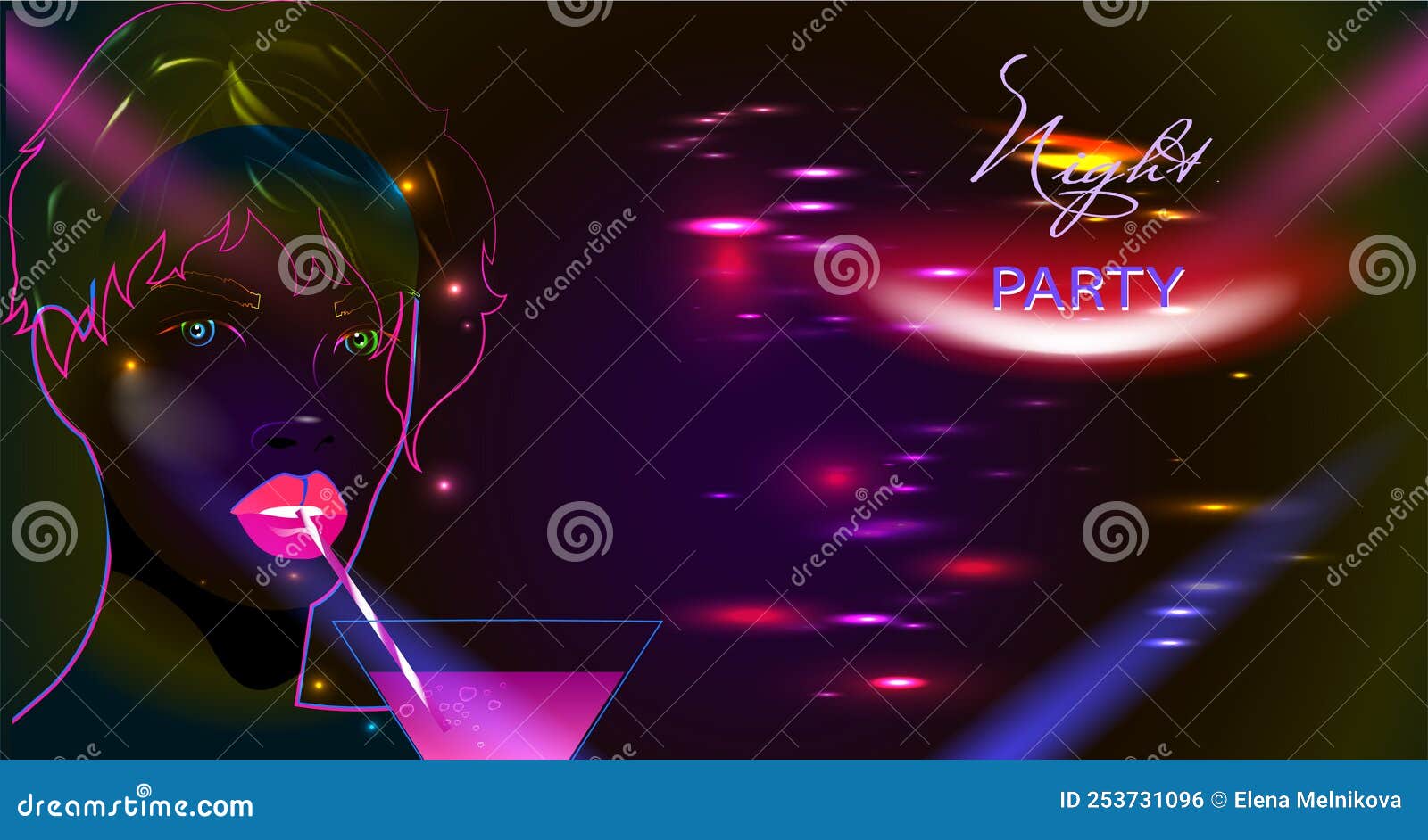 Night Party Design Template with Light Effects and Female Face Stock ...