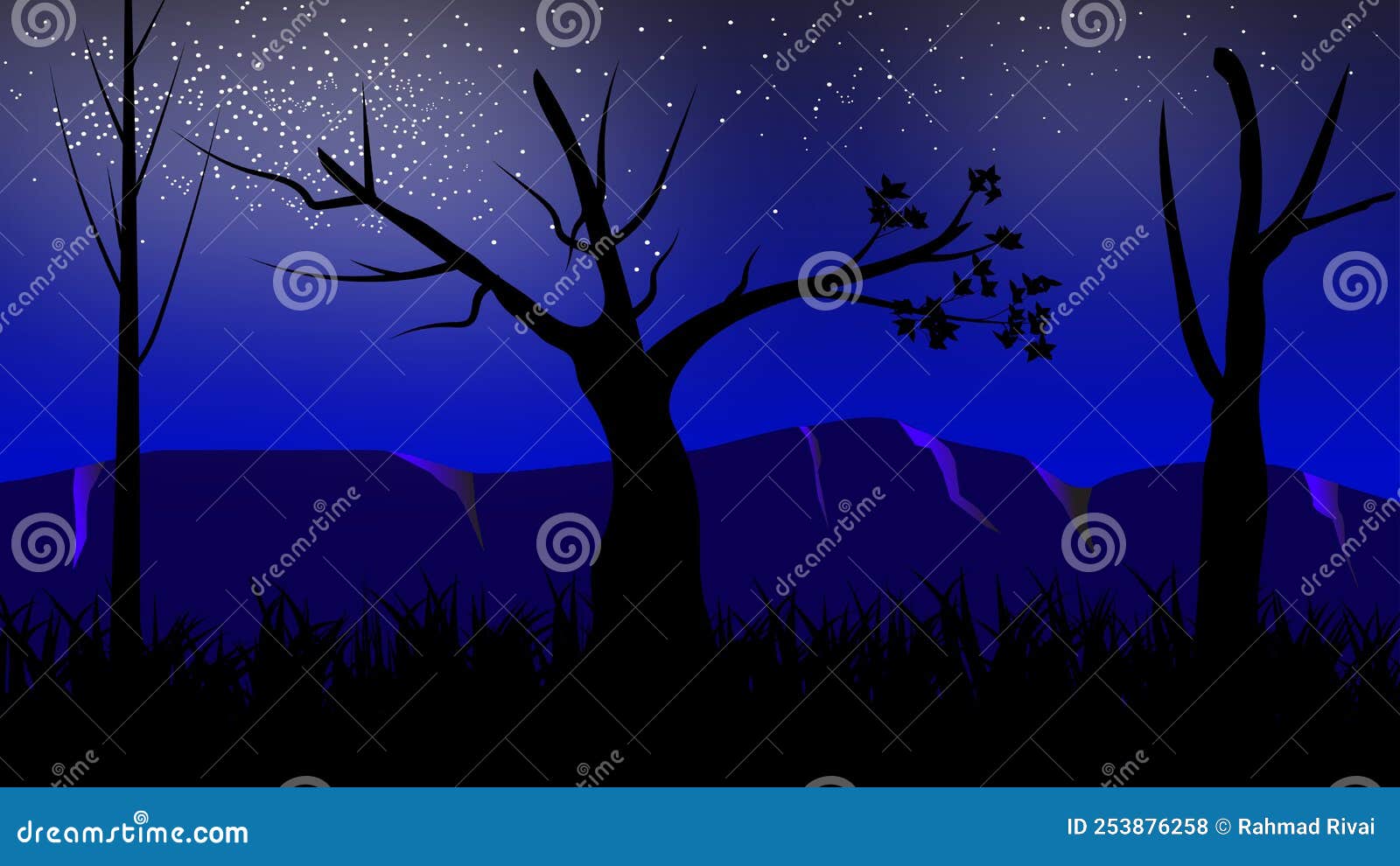 Dull trees at starry night stock illustration. Illustration of trees ...