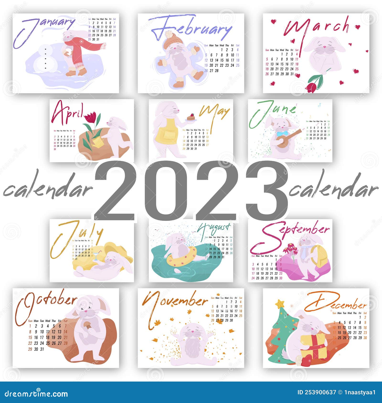 Horizontal Calendar with Illustrations of Rabbits for Each Month of the ...