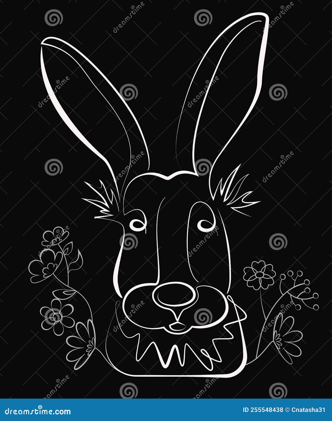 White Line Drawing of Rabbit and Flowers on Dark Background. Vector ...