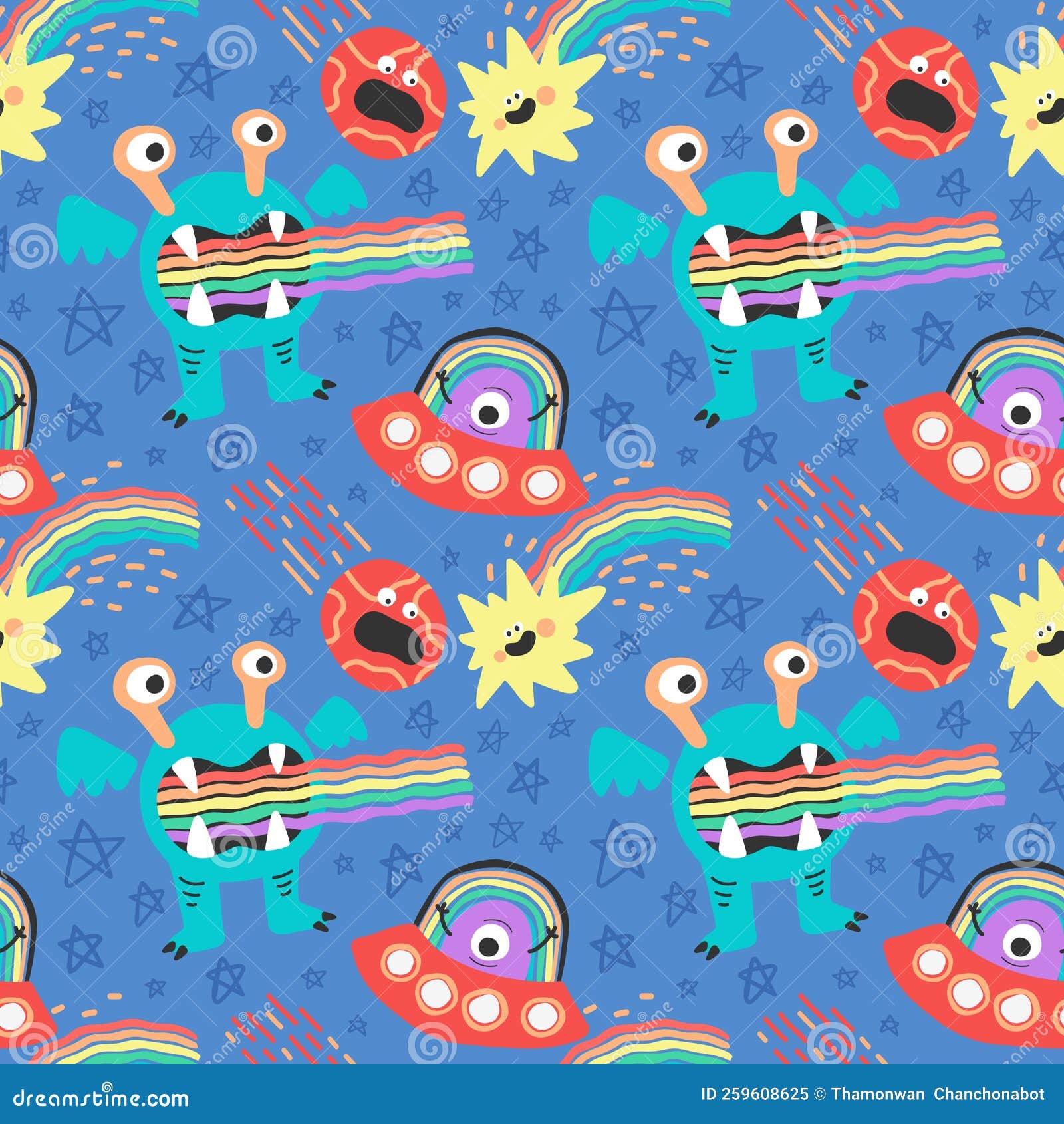 Cute Character Space Aliens Stars and Planets Vector Seamless Pattern ...