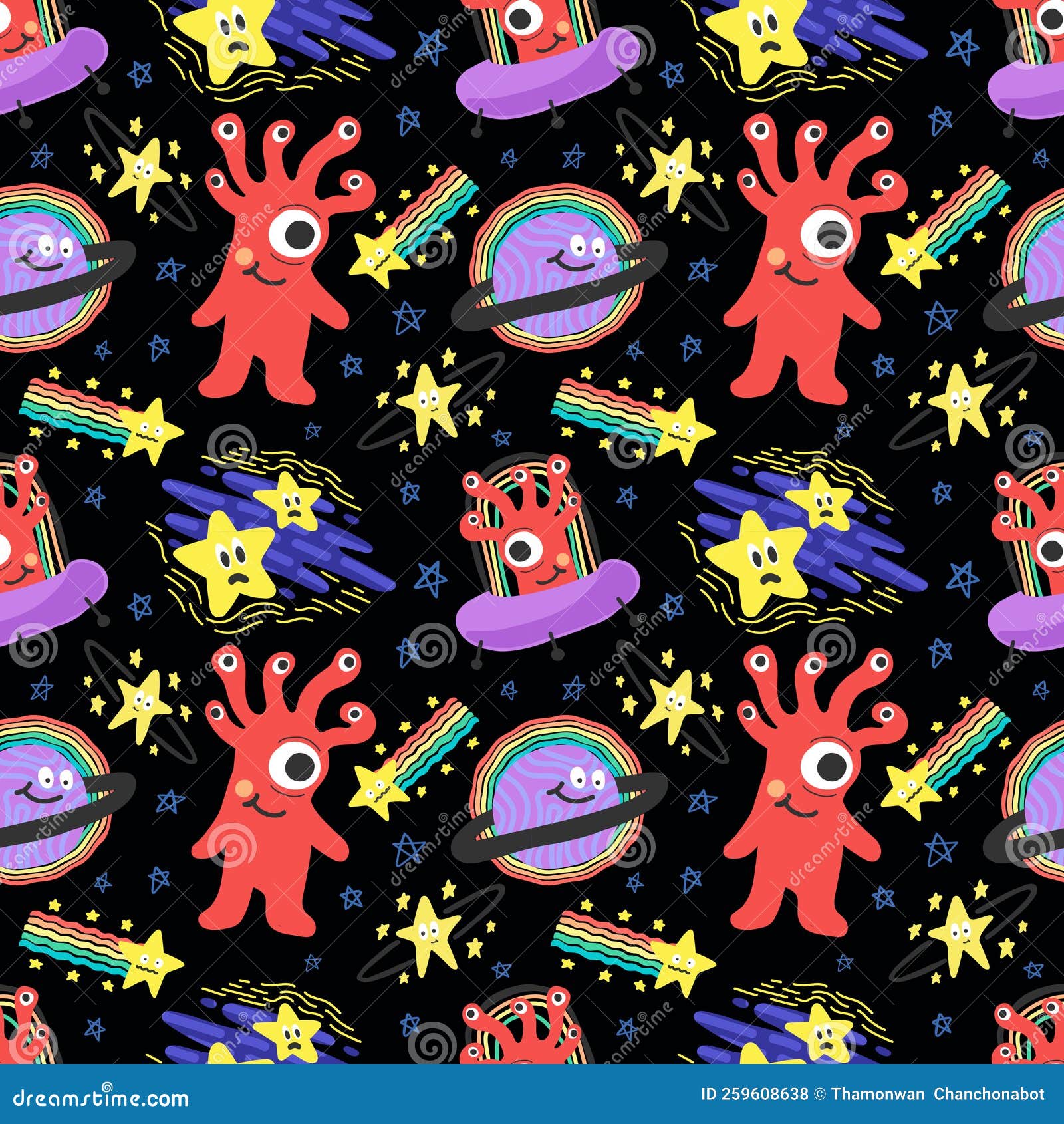 Cute Character Space Aliens Stars and Planets Vector Seamless Pattern ...