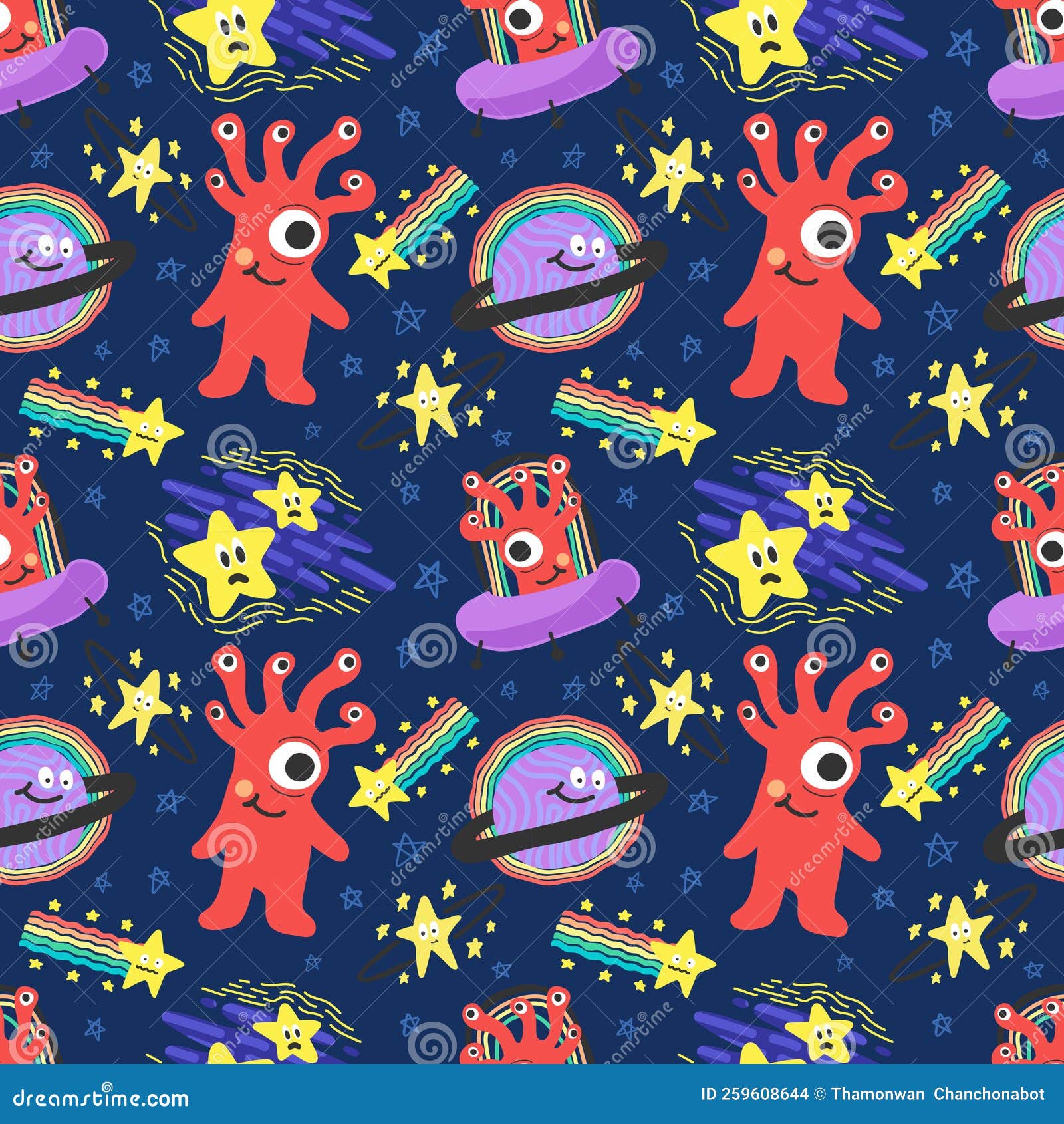 Cute Character Space Aliens Stars and Planets Vector Seamless Pattern ...