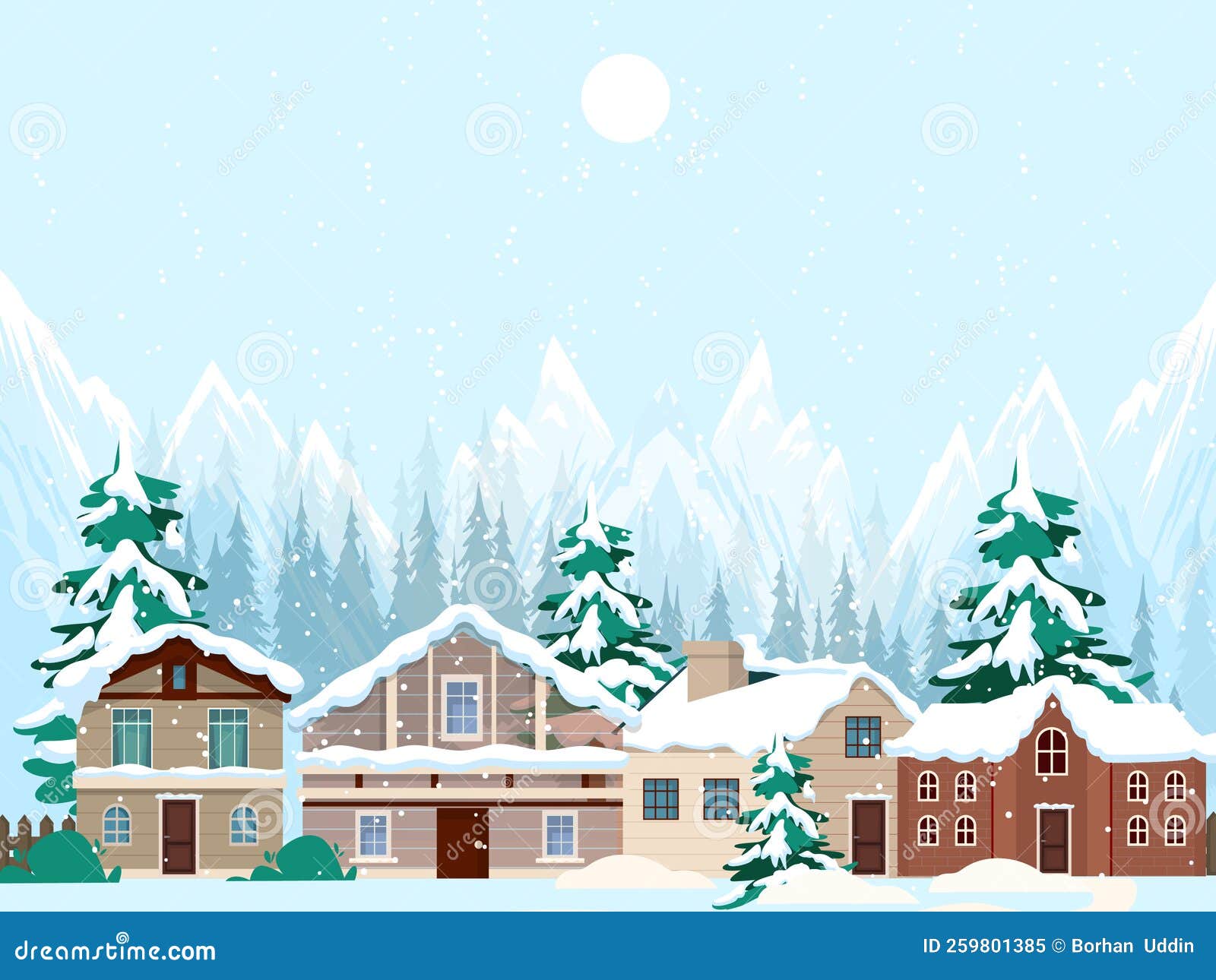 Snowfall in Winter Town with Small Houses Cartoon Vector Illustration ...