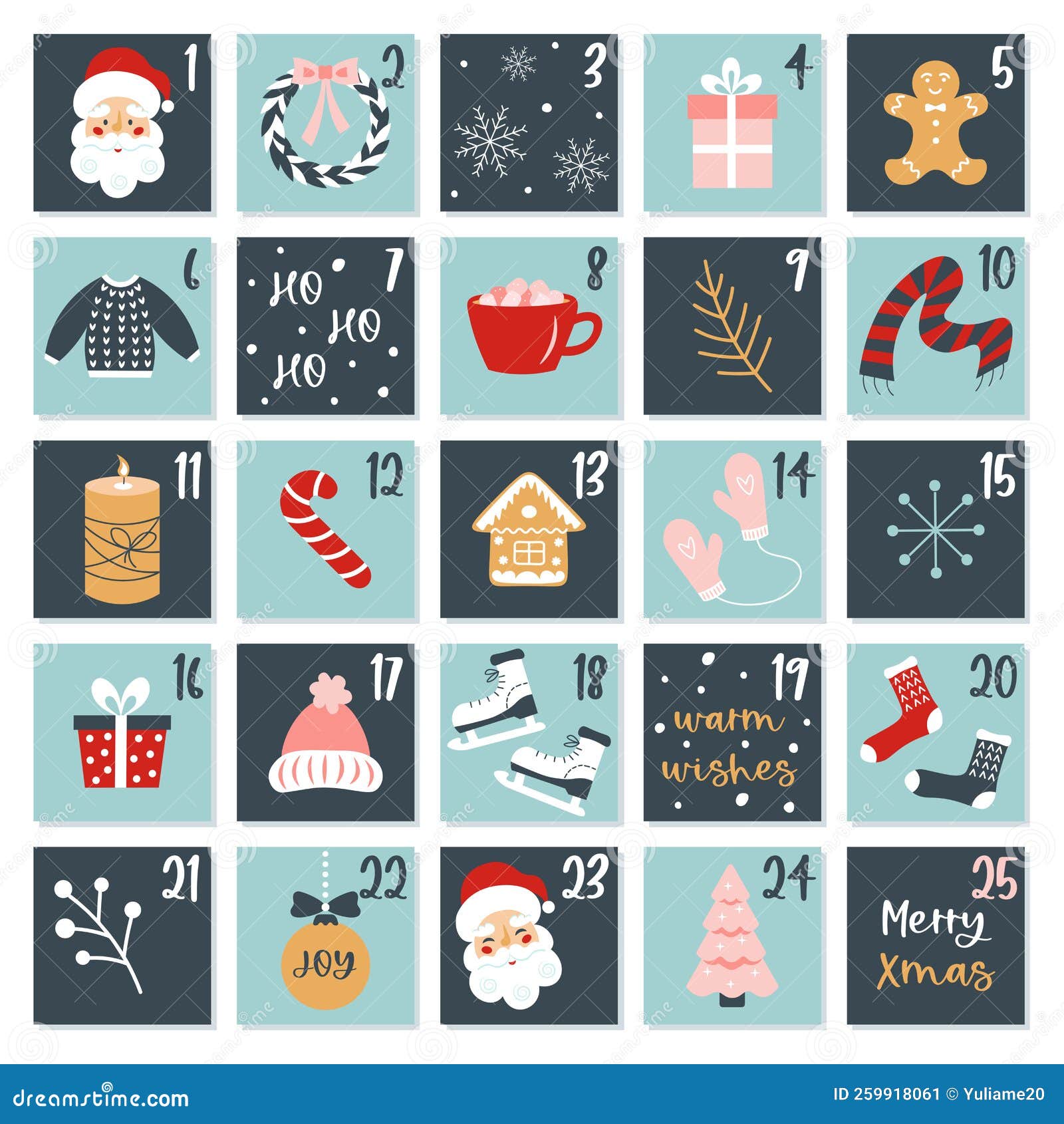 Christmas Advent Calendar with Traditional Symbols and Doodle Elements ...