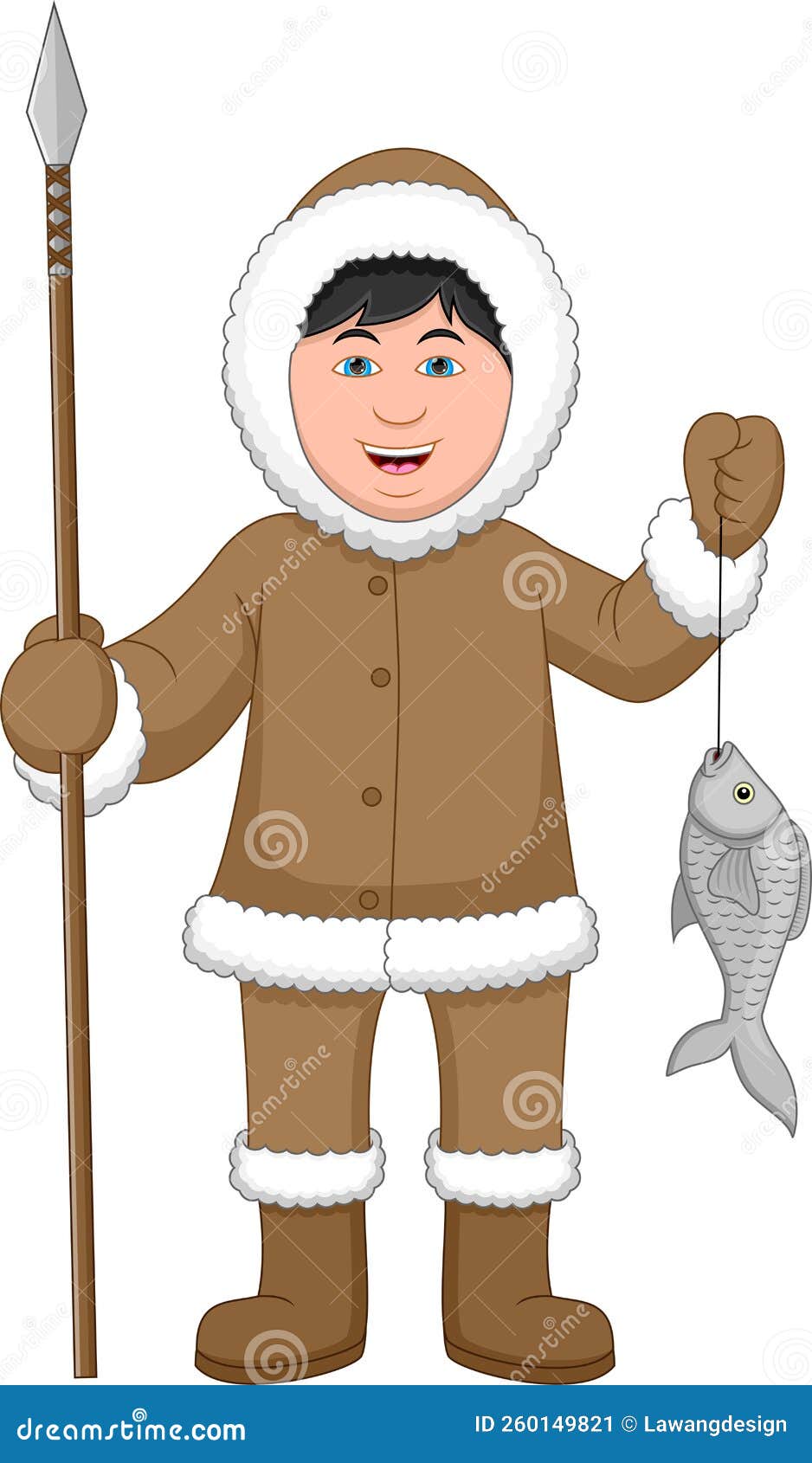 Cartoon Cute Eskimo Boy Catching Fish with a Spear Stock Vector ...