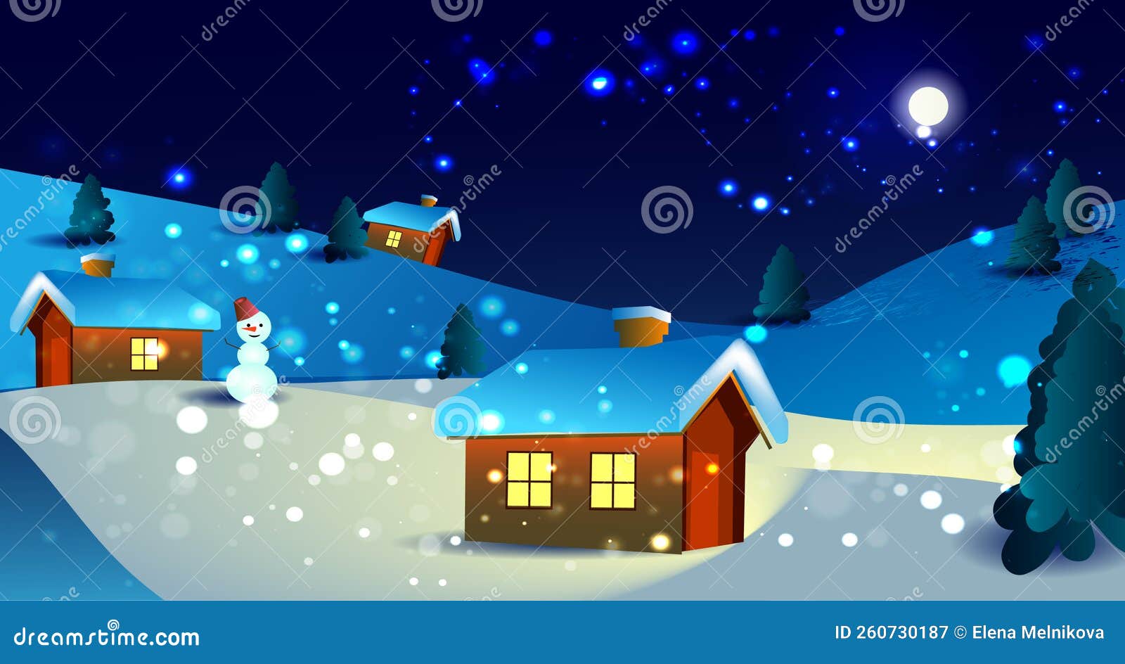 Nighttime Winter Landscape. Houses and Snow in Cartoon Style Stock ...