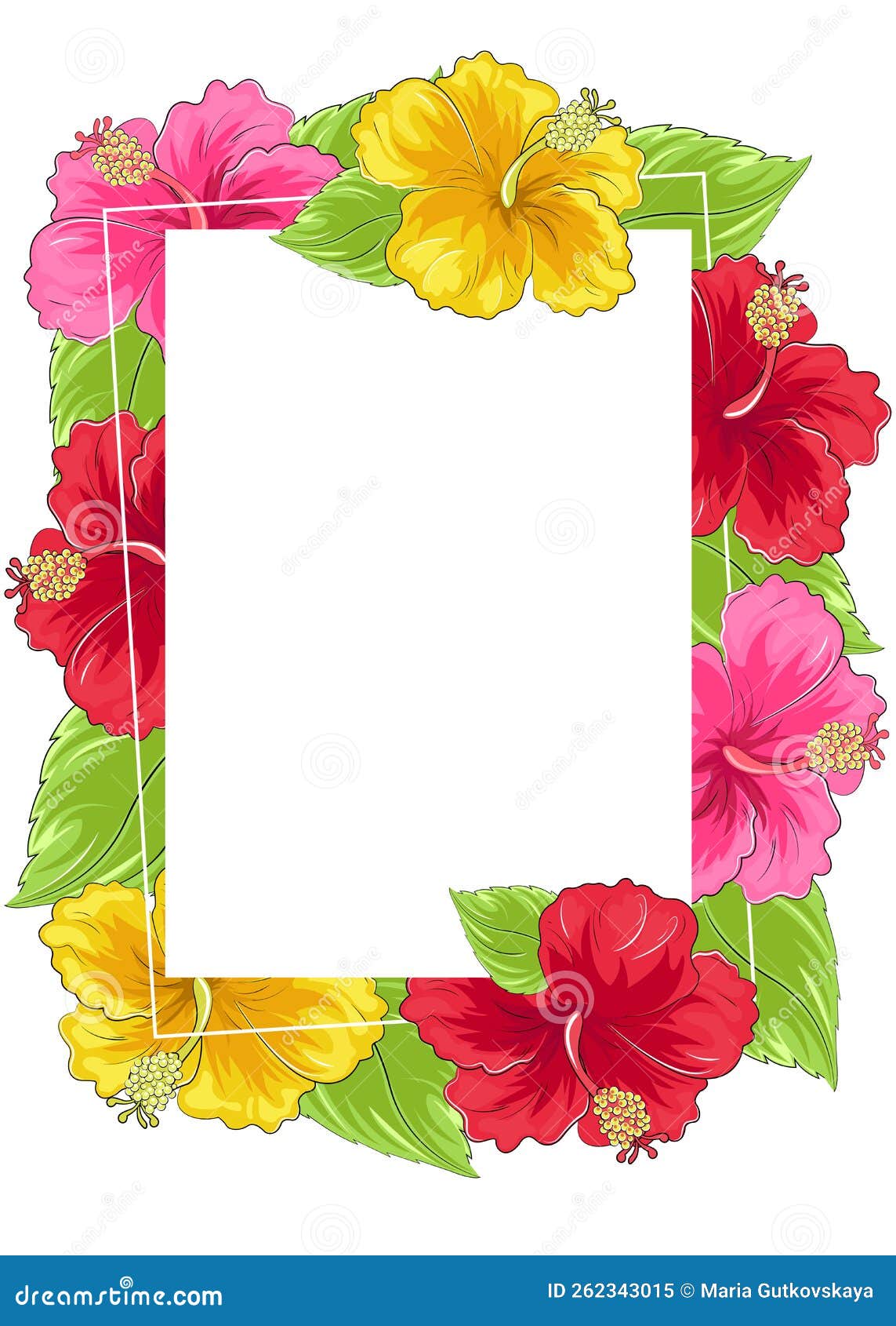 Frame of Hibiscus Flowers and Leaves. Stock Illustration - Illustration ...