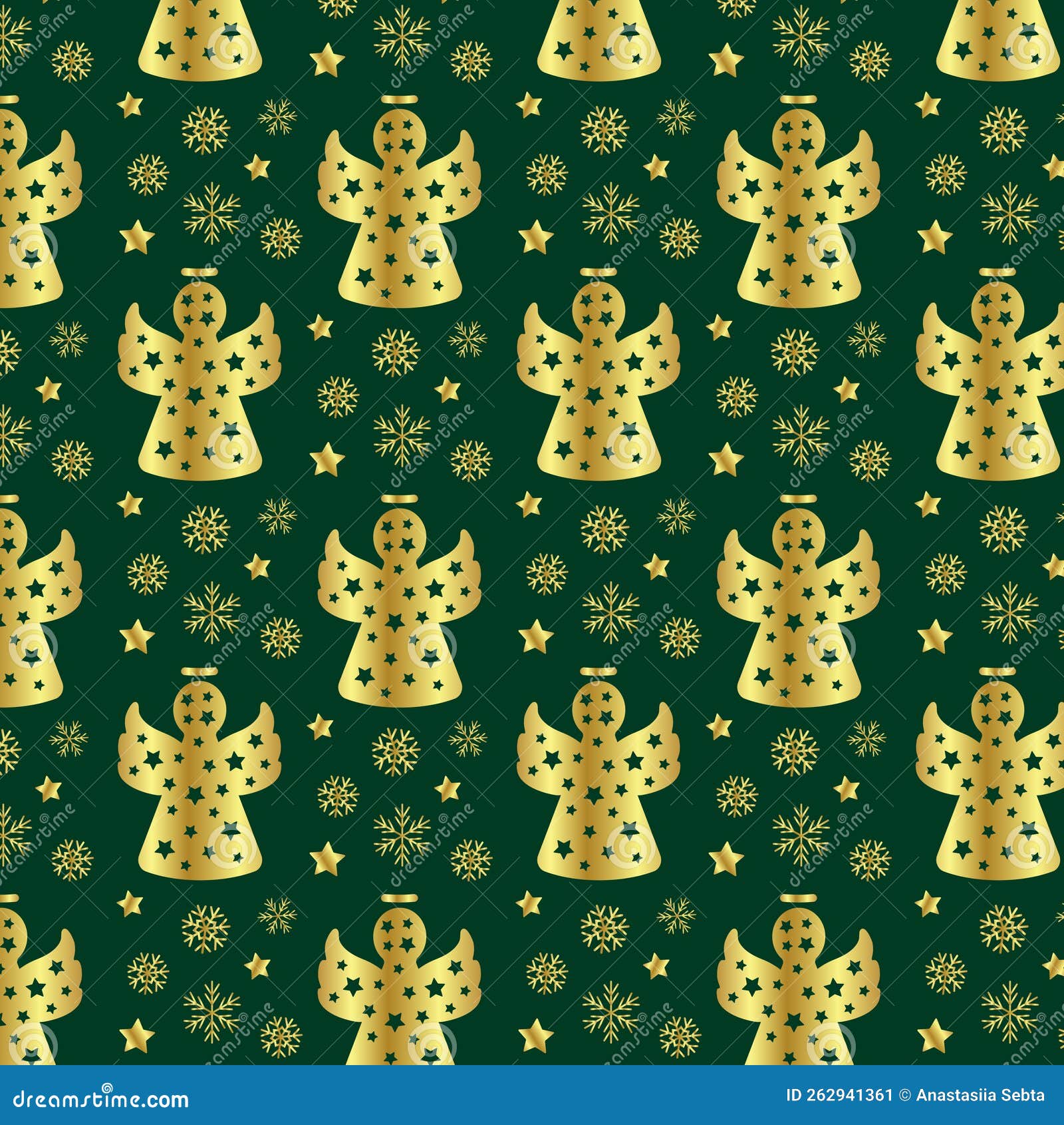 Green Vector Seamless Pattern with Golden Angels, Snowflakes and Stars ...