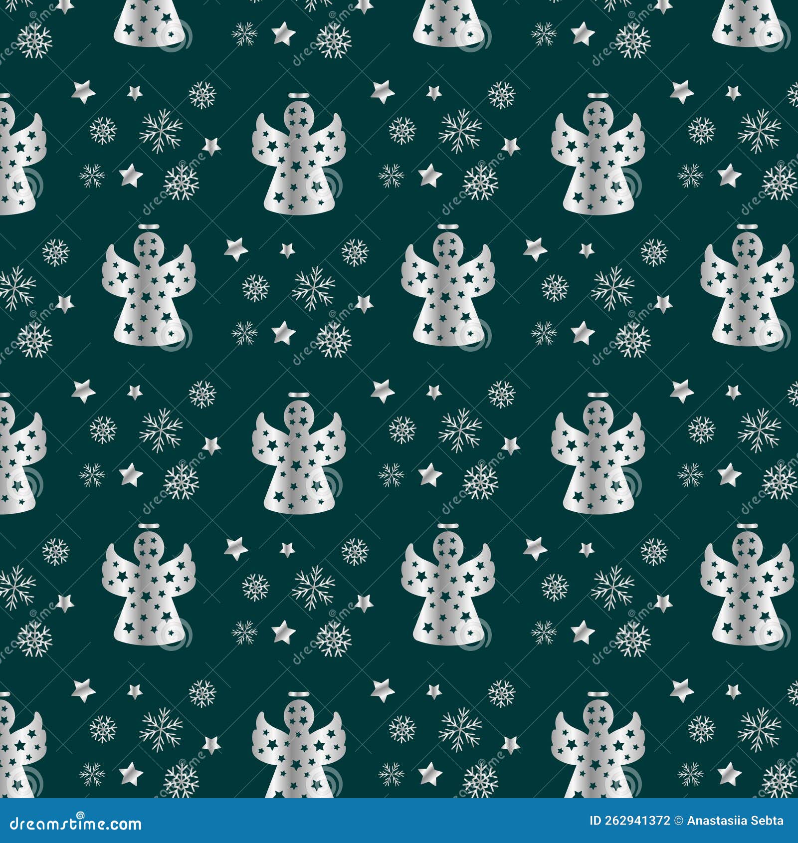 Seamless Pattern with Silver Angels, Snowflakes and Stars Stock Vector ...