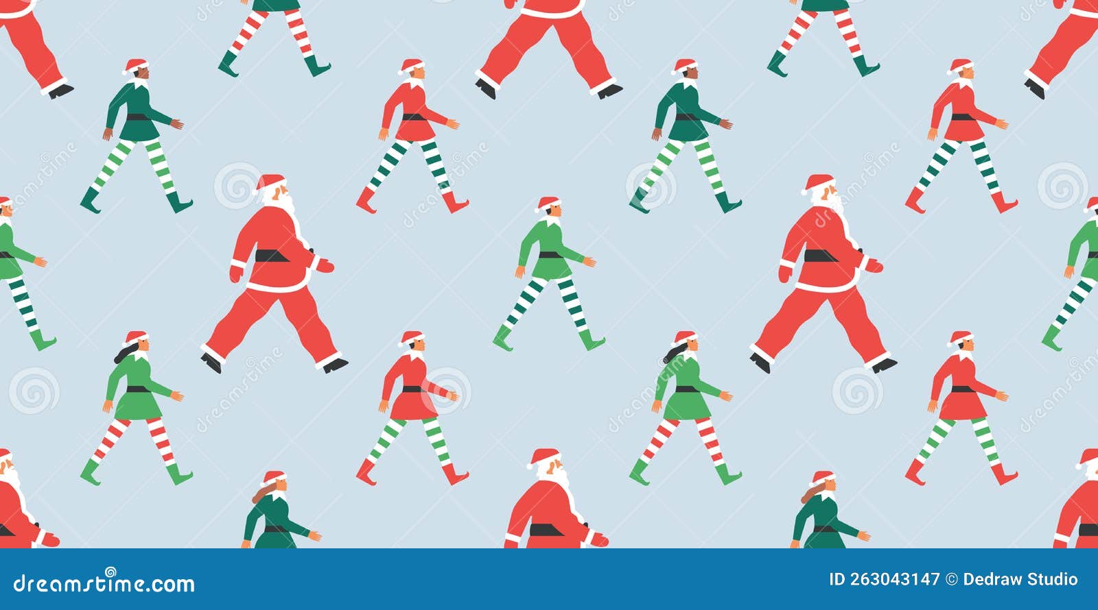 Santa Claus and Elf Crowd Walking Together Seamless Pattern Stock ...