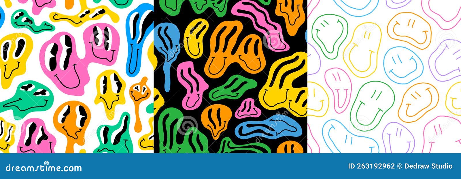 Funny Happy Smiley Face Colorful Cartoon Seamless Pattern Set Stock ...