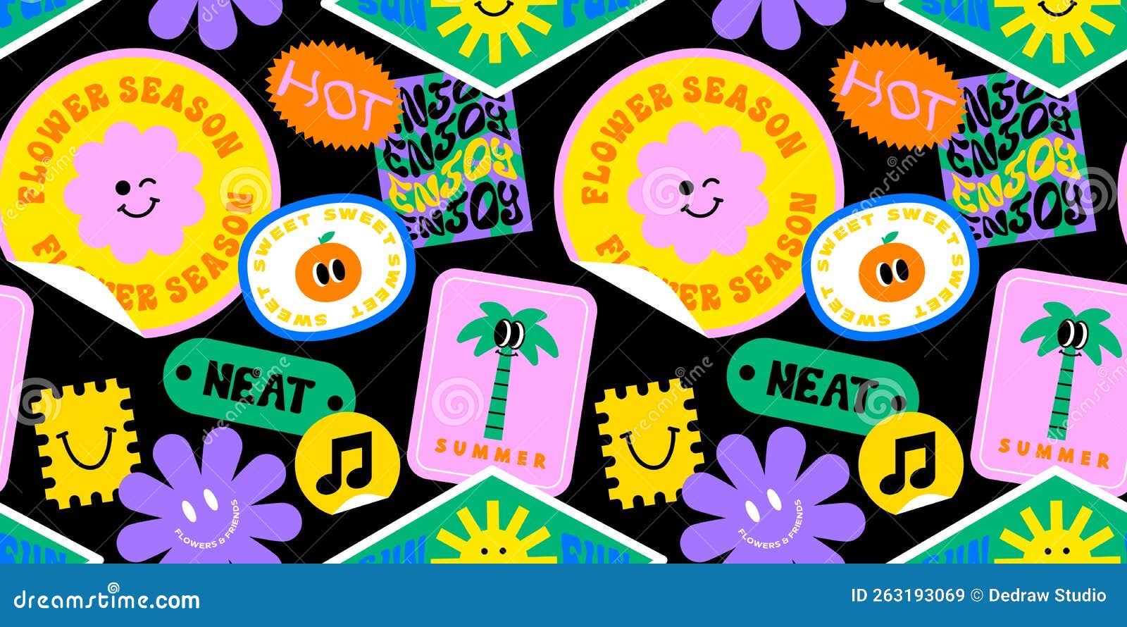 Funny Smiling Happy Face Colorful Sticker Label Seamless Pattern Stock ...