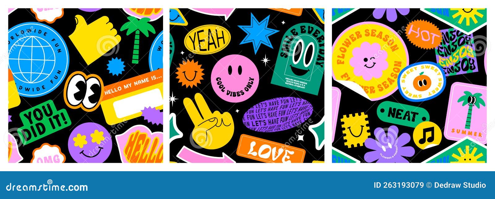 Colorful Funny Happy Face Label Seamless Pattern Set Stock Vector ...