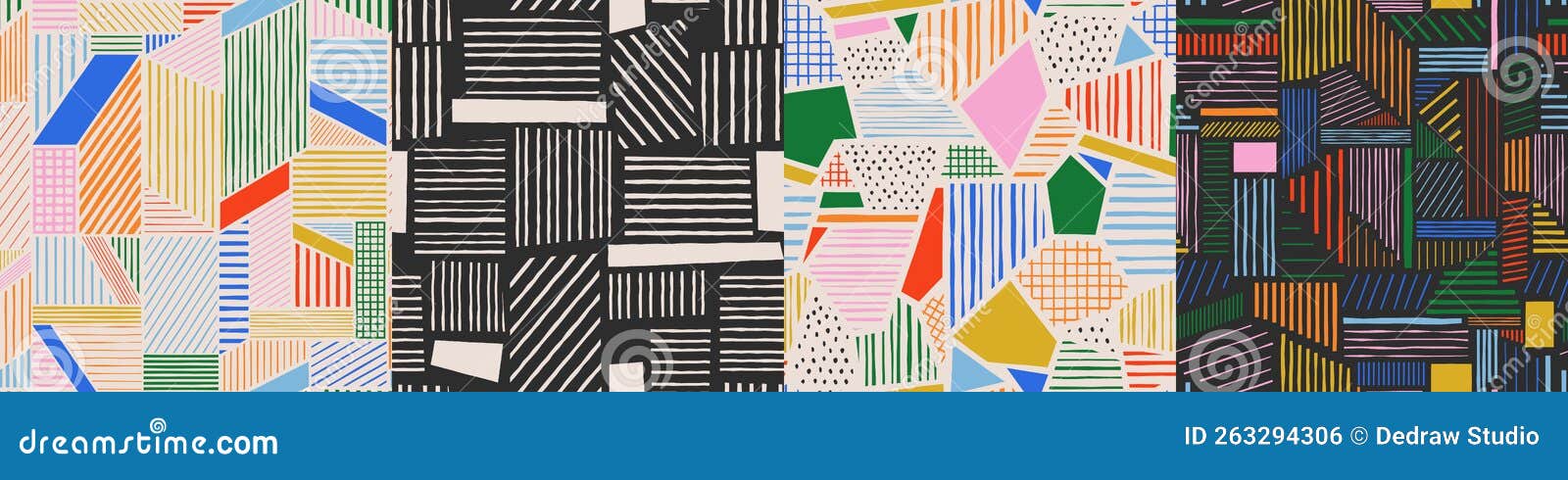 Abstract Colorful Geometric Line Doodle Seamless Pattern Set Stock ...
