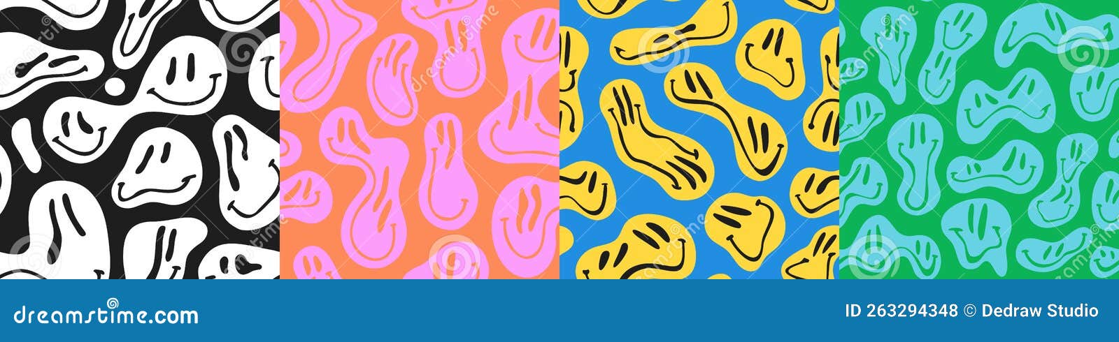 Set of Funny Melting Smiley Face Colorful Cartoon Seamless Pattern ...