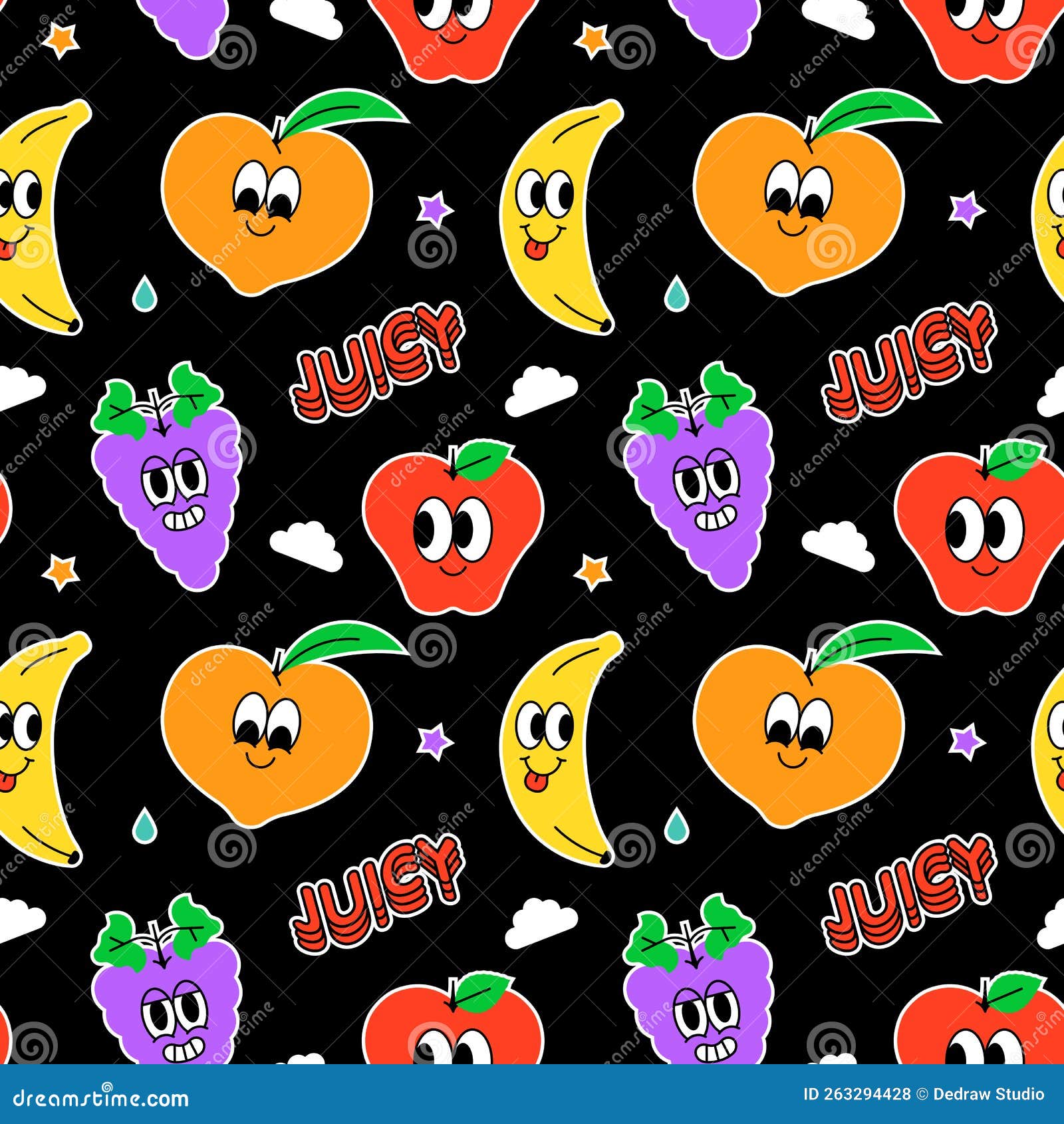 Trendy Happy Fruit Seamless Pattern in Vintage Cartoon Style Stock ...